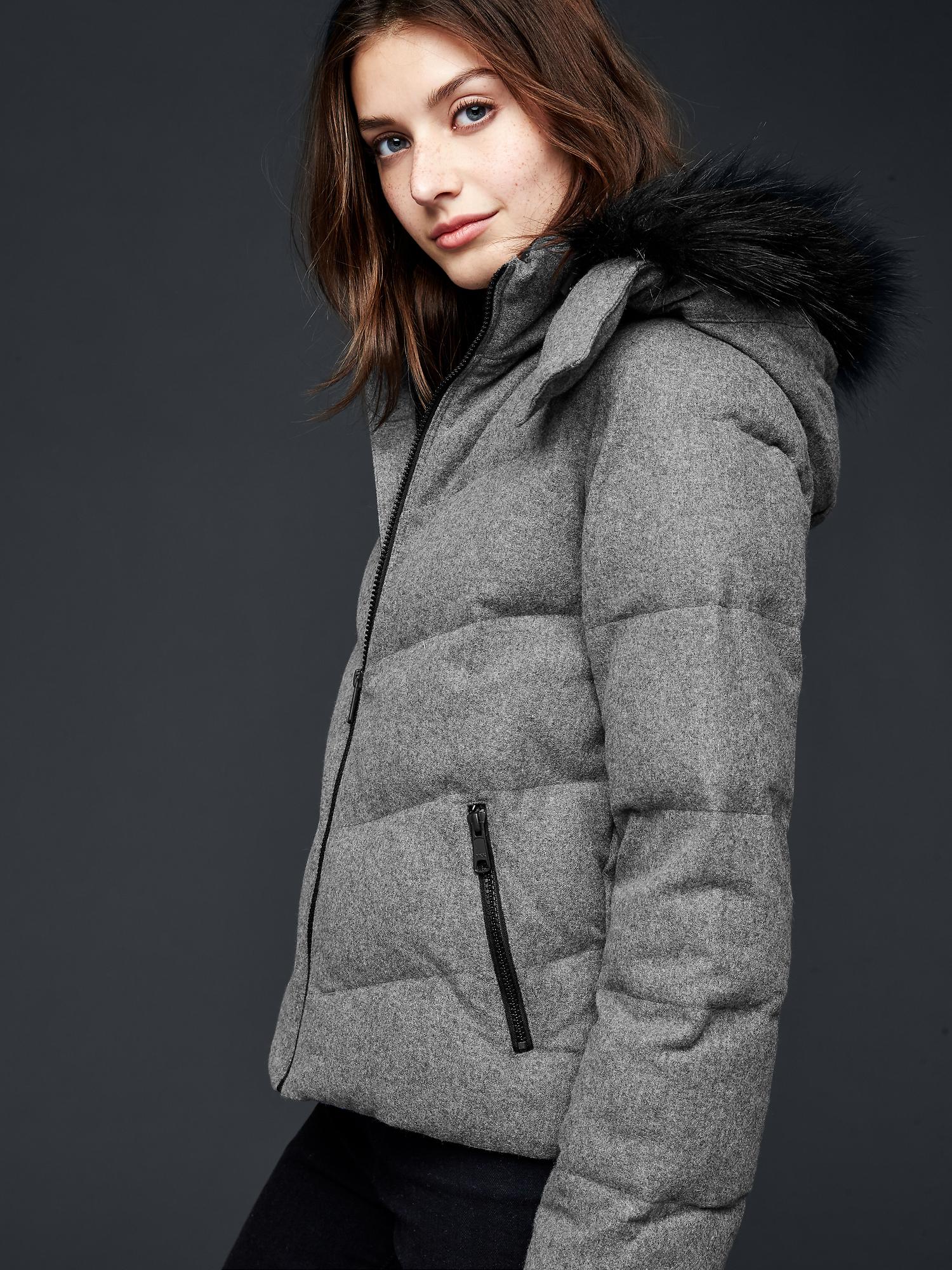 Faux fur-trim wool puffer jacket | Gap