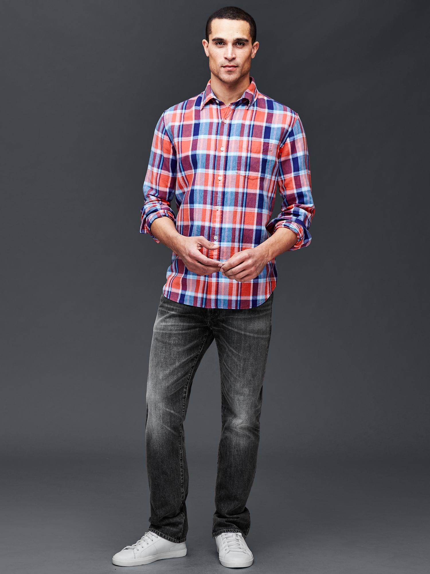 Linen-cotton plaid standard fit shirt | Gap