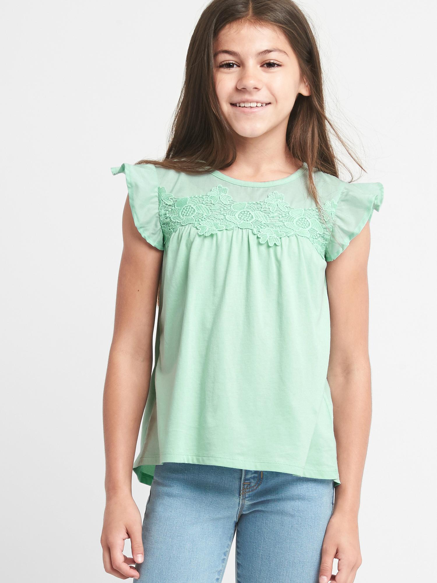 Floral lace yoke flutter tee | Gap