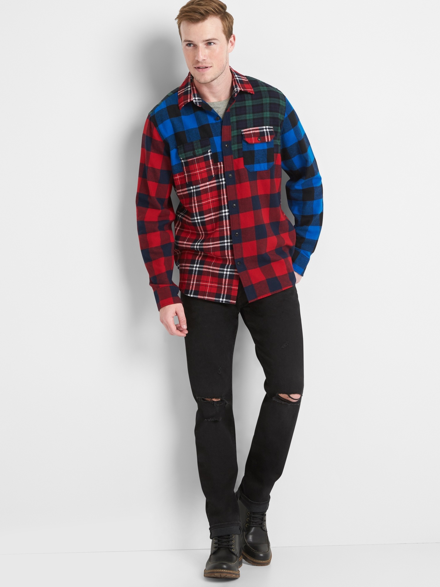 Mix-plaid flannel standard fit shirt | Gap