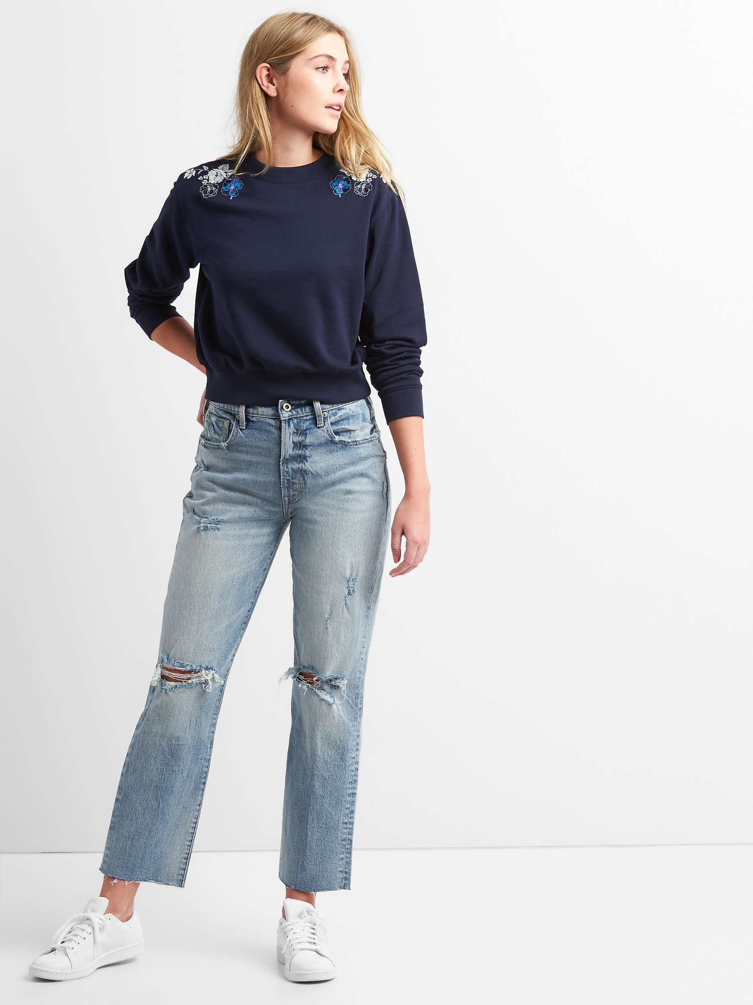 Floral Embroidery Pullover Crewneck Sweatshirt | Gap