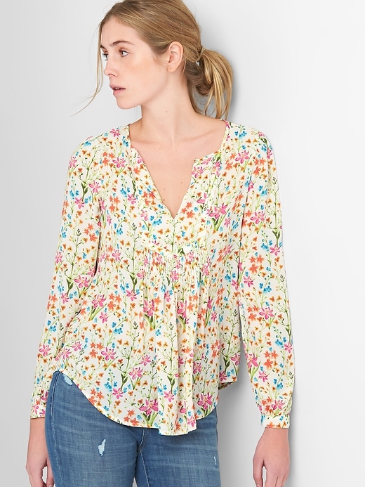 Floral Pintuck Split-Neck Blouse | Gap