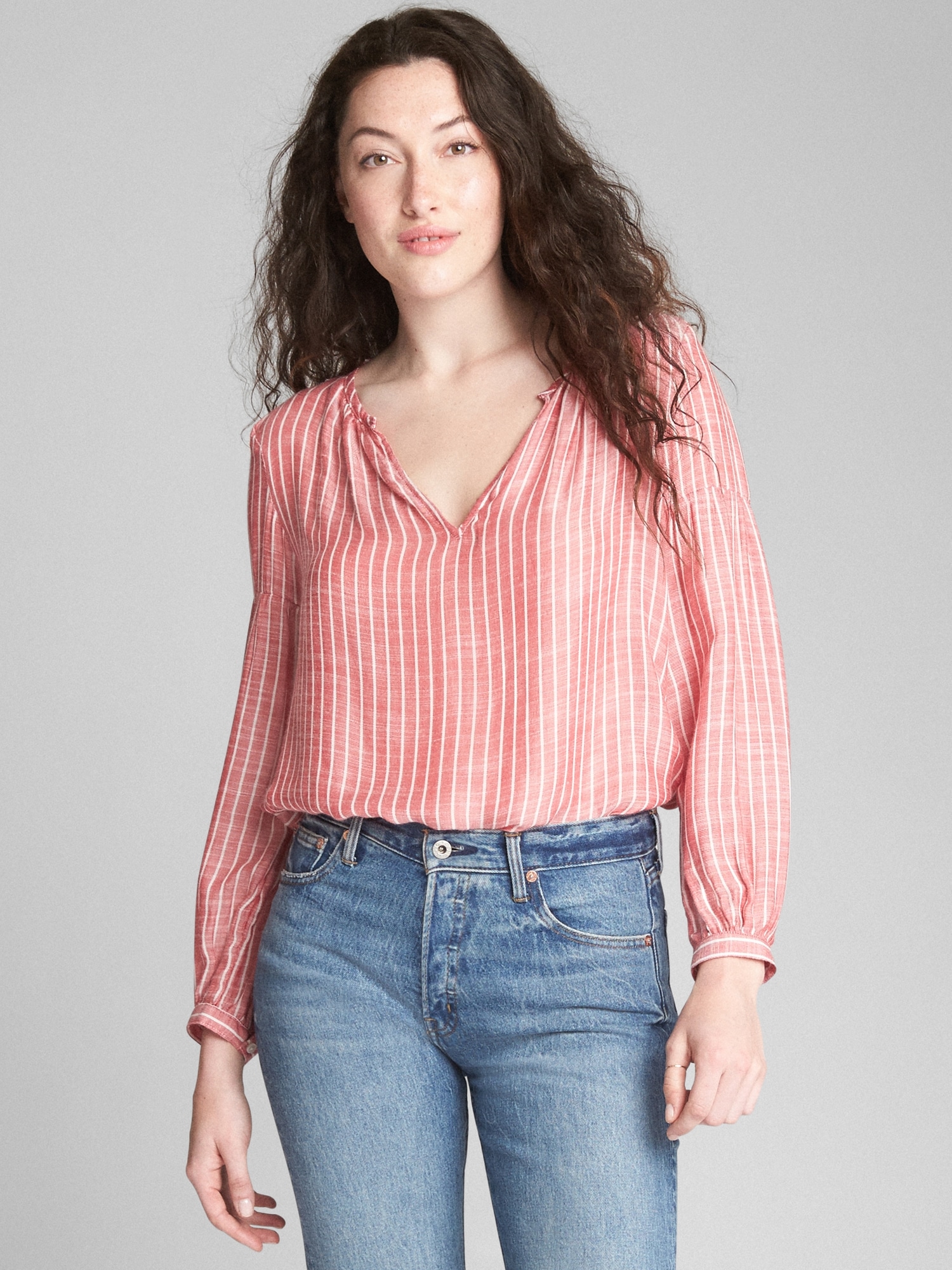Long Sleeve Stripe Split-Neck Blouse | Gap