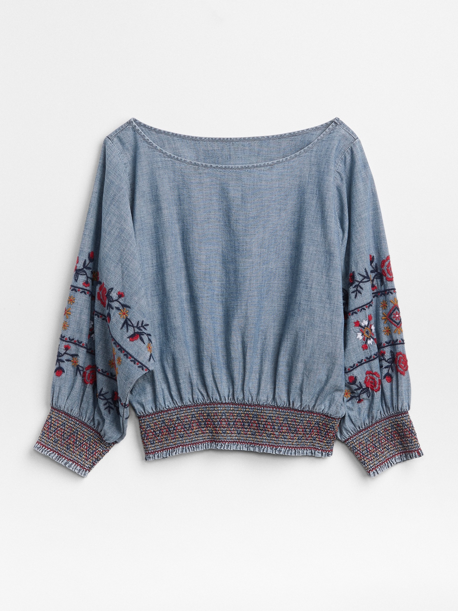 Embroidered Long Sleeve Smocked Top in Chambray | Gap