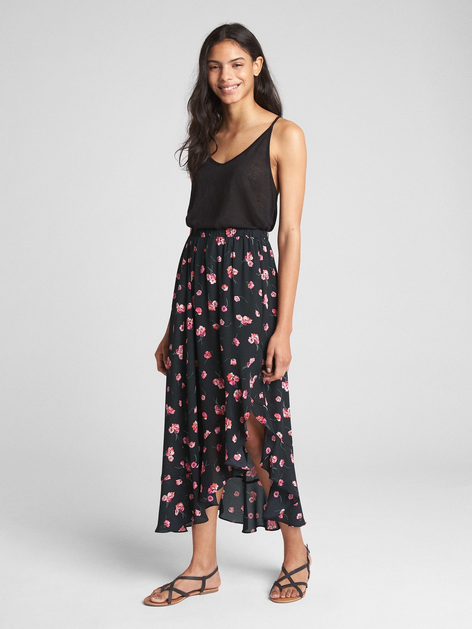 Floral Ruffle Wrap Midi Skirt Gap