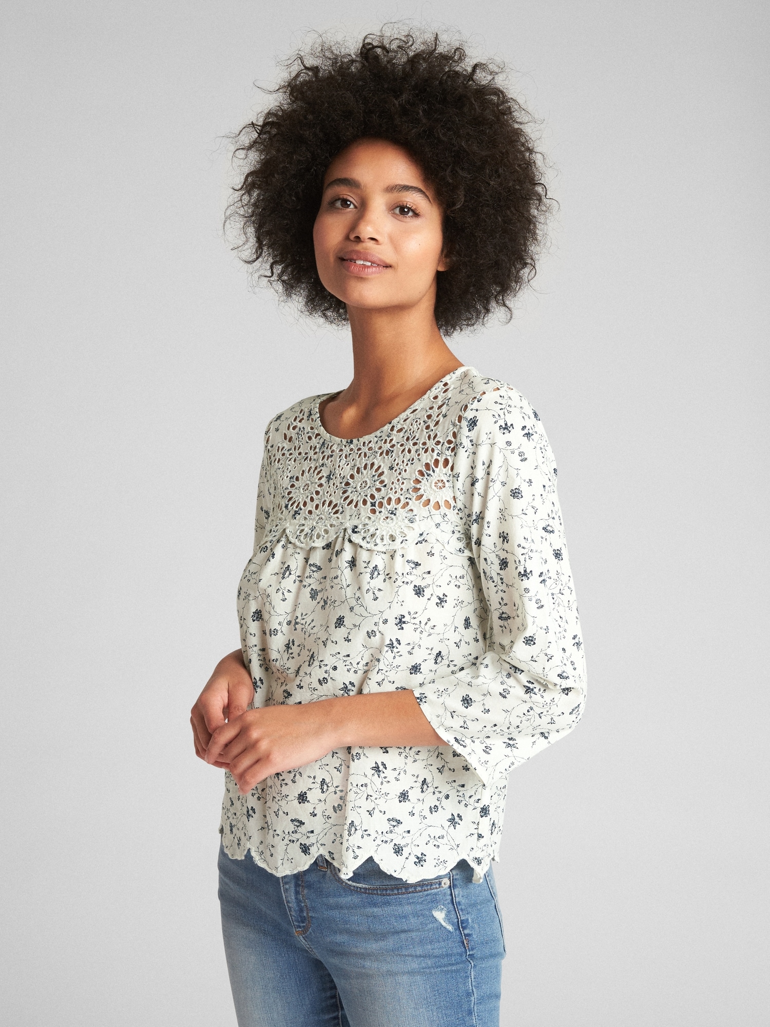 Eyelet Long Sleeve Print Blouse | Gap