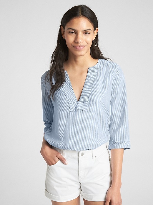 Popover Stripe Split-Neck Top in TENCEL™ | Gap