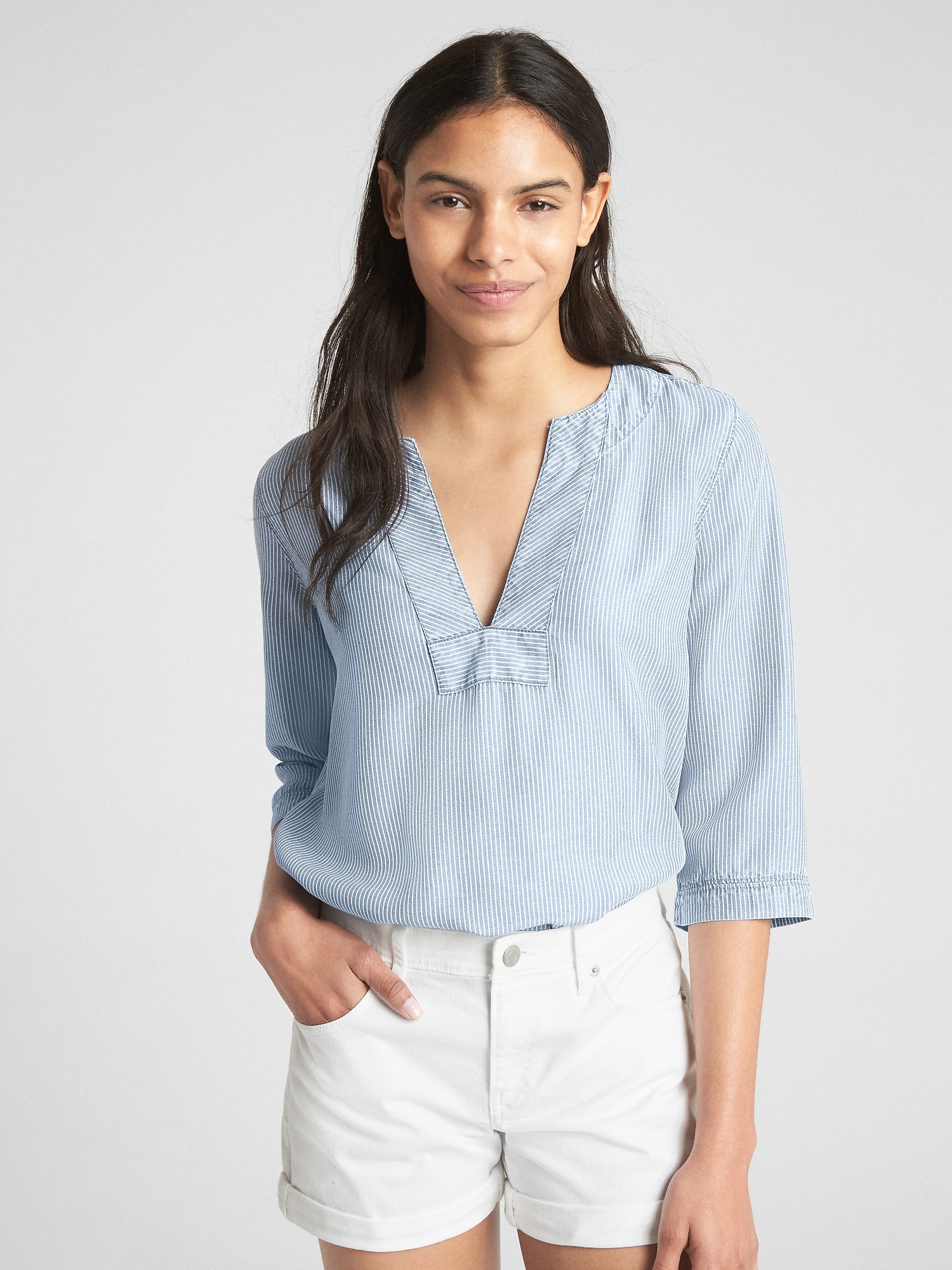 Popover Stripe Split-Neck Top in TENCEL™ | Gap