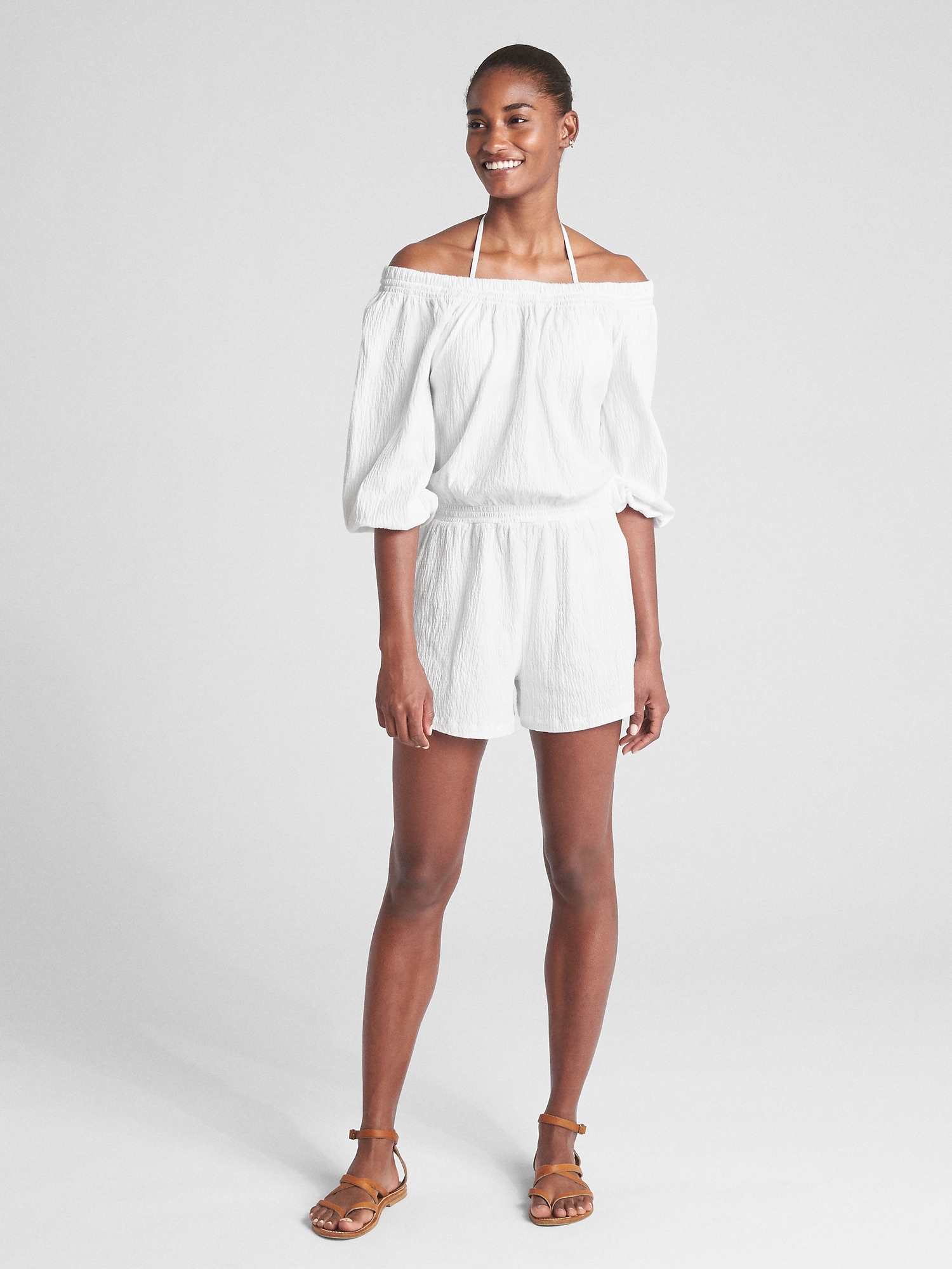 Off-Shoulder Crinkle Romper Cover-Up | Gap
