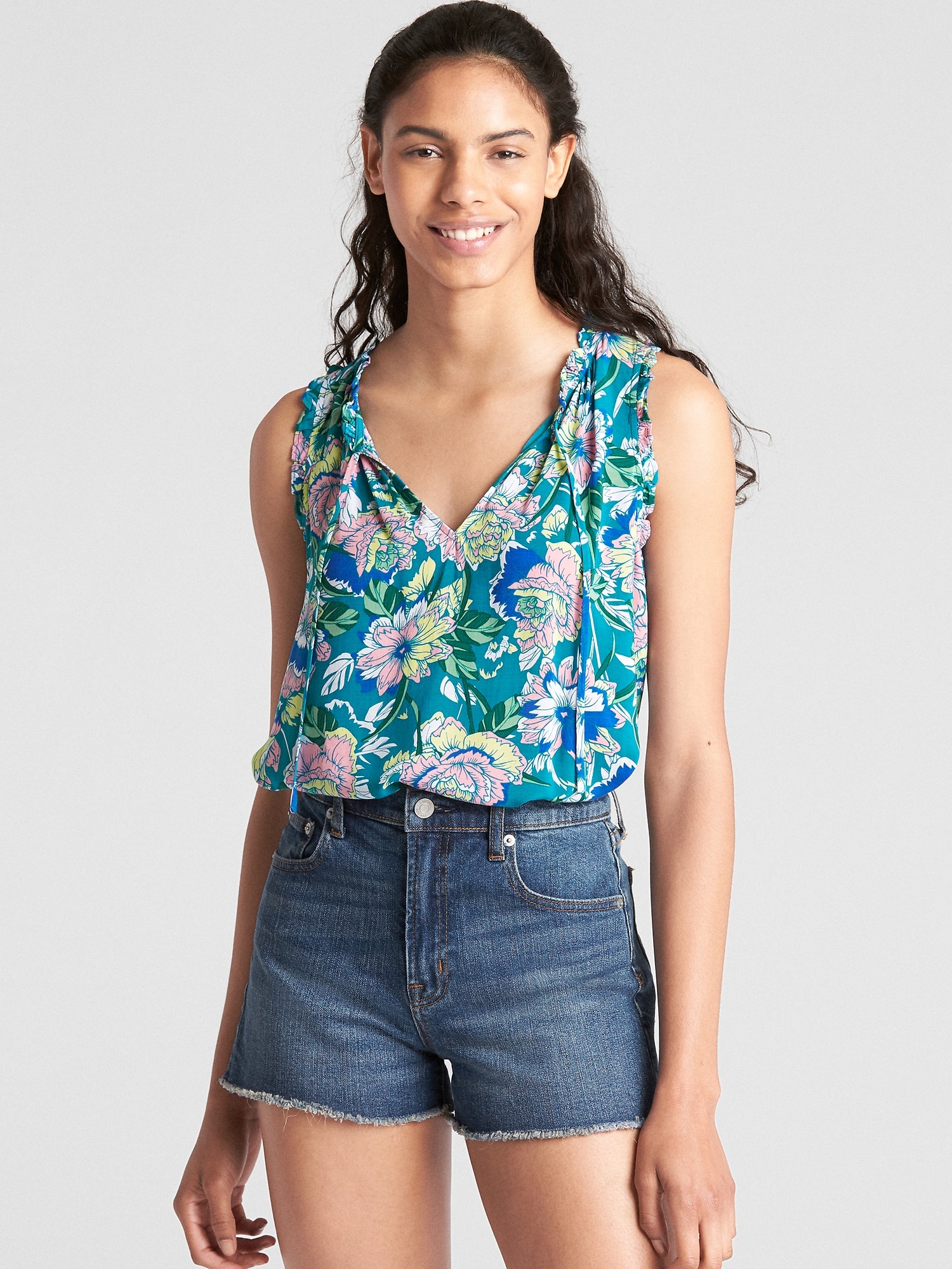 Sleeveless Split-Neck Print Top | Gap