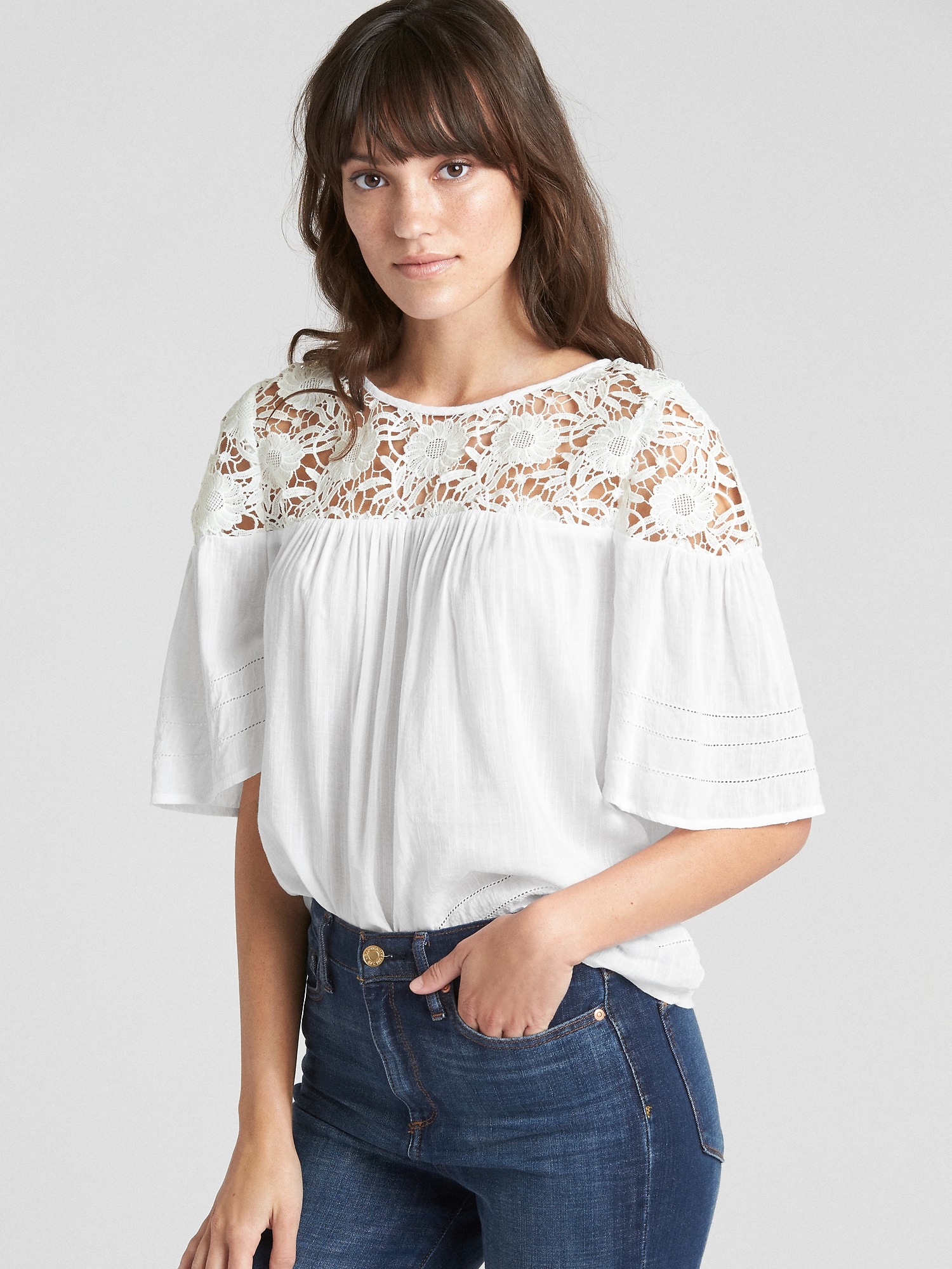 Flounce Short Sleeve Crochet Yoke Blouse | Gap