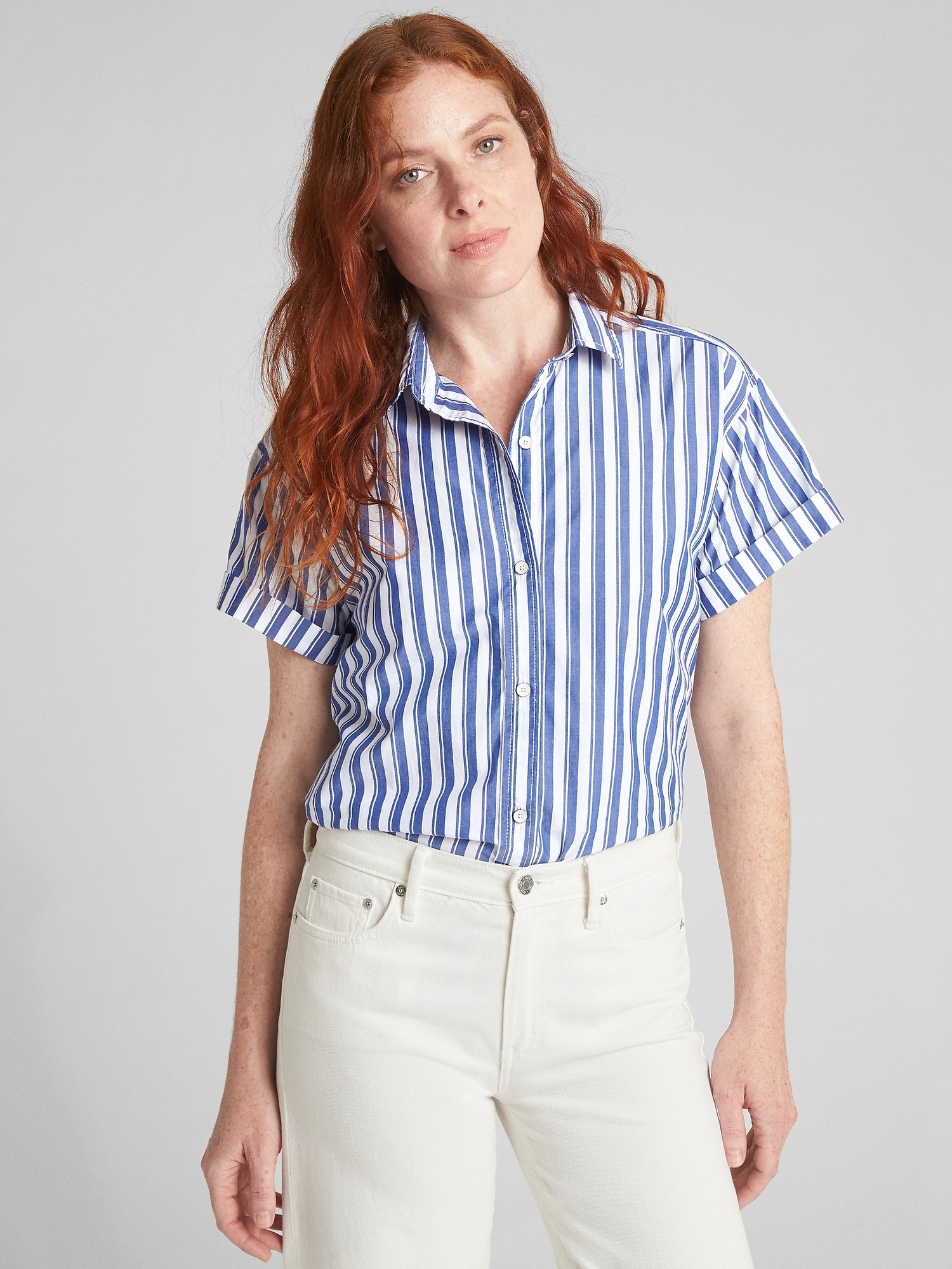 Split-Back Short Sleeve Shirt in Stripe Poplin | Gap