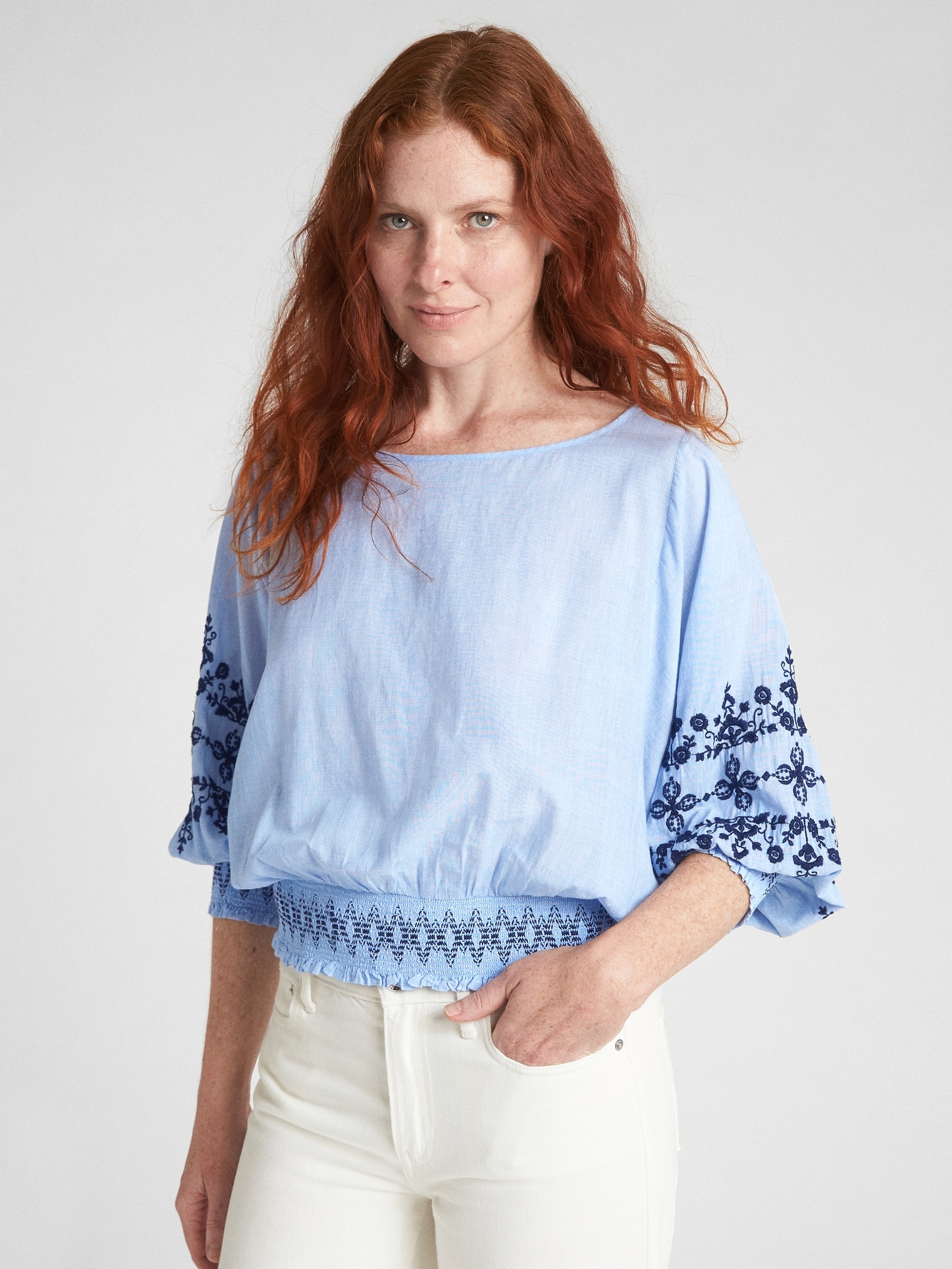 Embroidered Long Sleeve Smocked Top | Gap