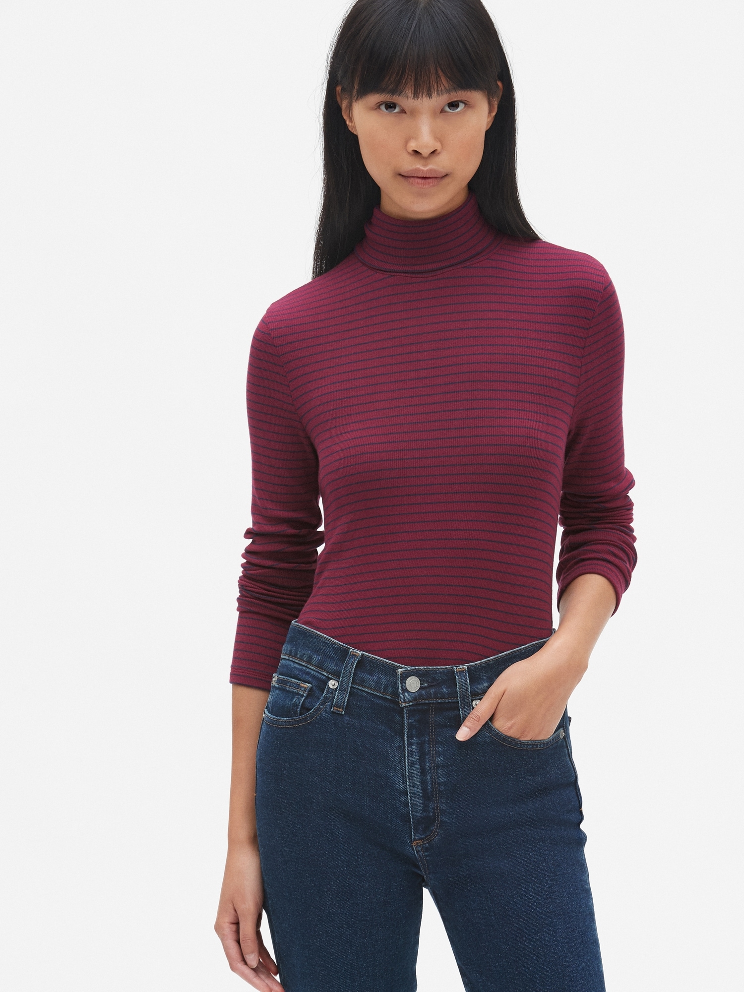 Ribbed Long Sleeve Stripe Turtleneck Top in Modal | Gap