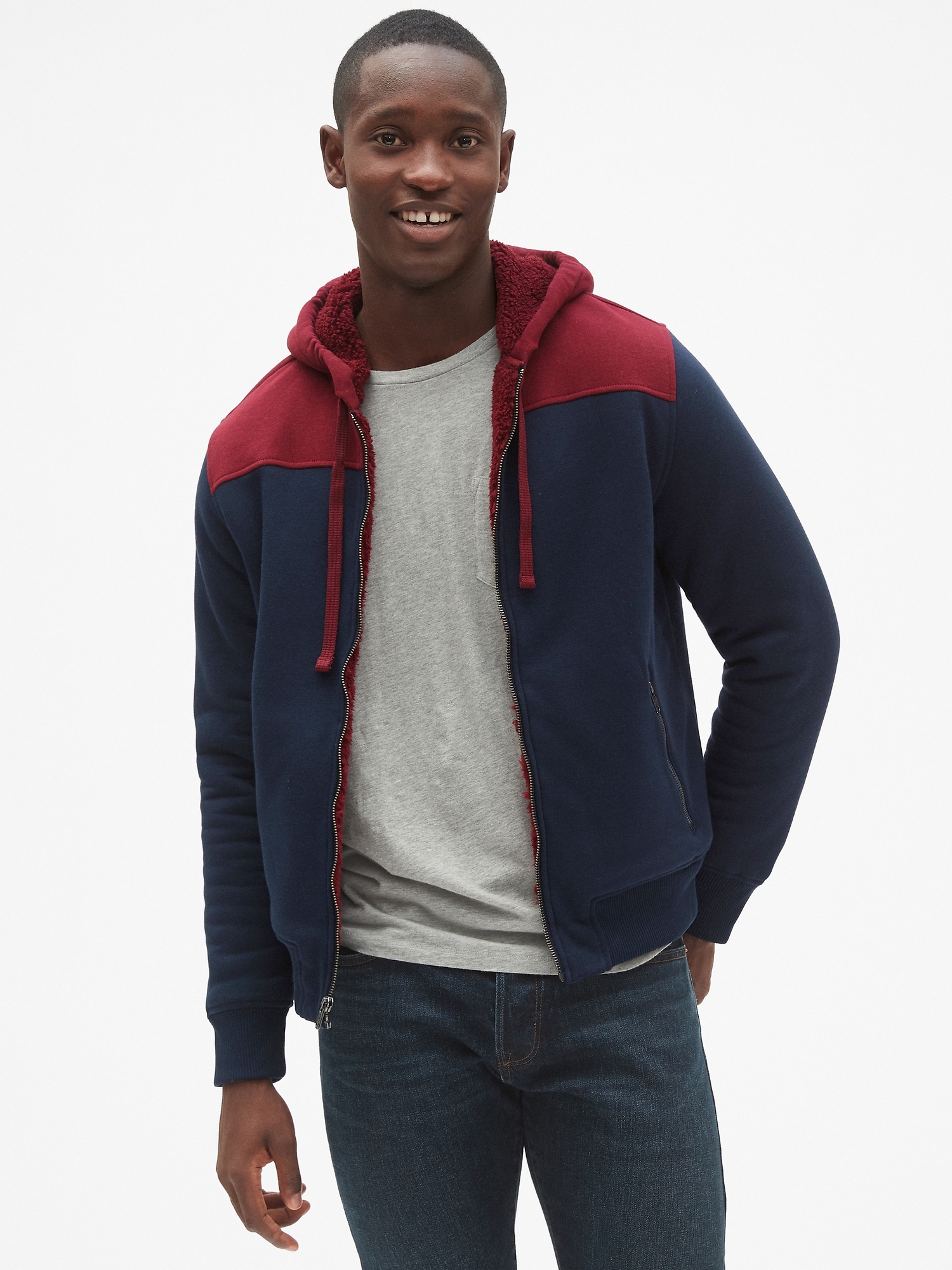 Sherpa-Lined Colorblock Full-Zip Hoodie | Gap