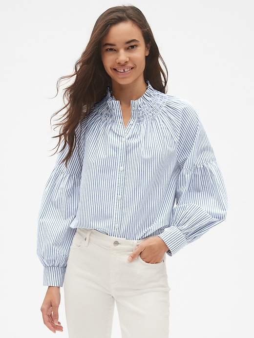 Smocked Neck Stripe Blouse in Poplin | Gap