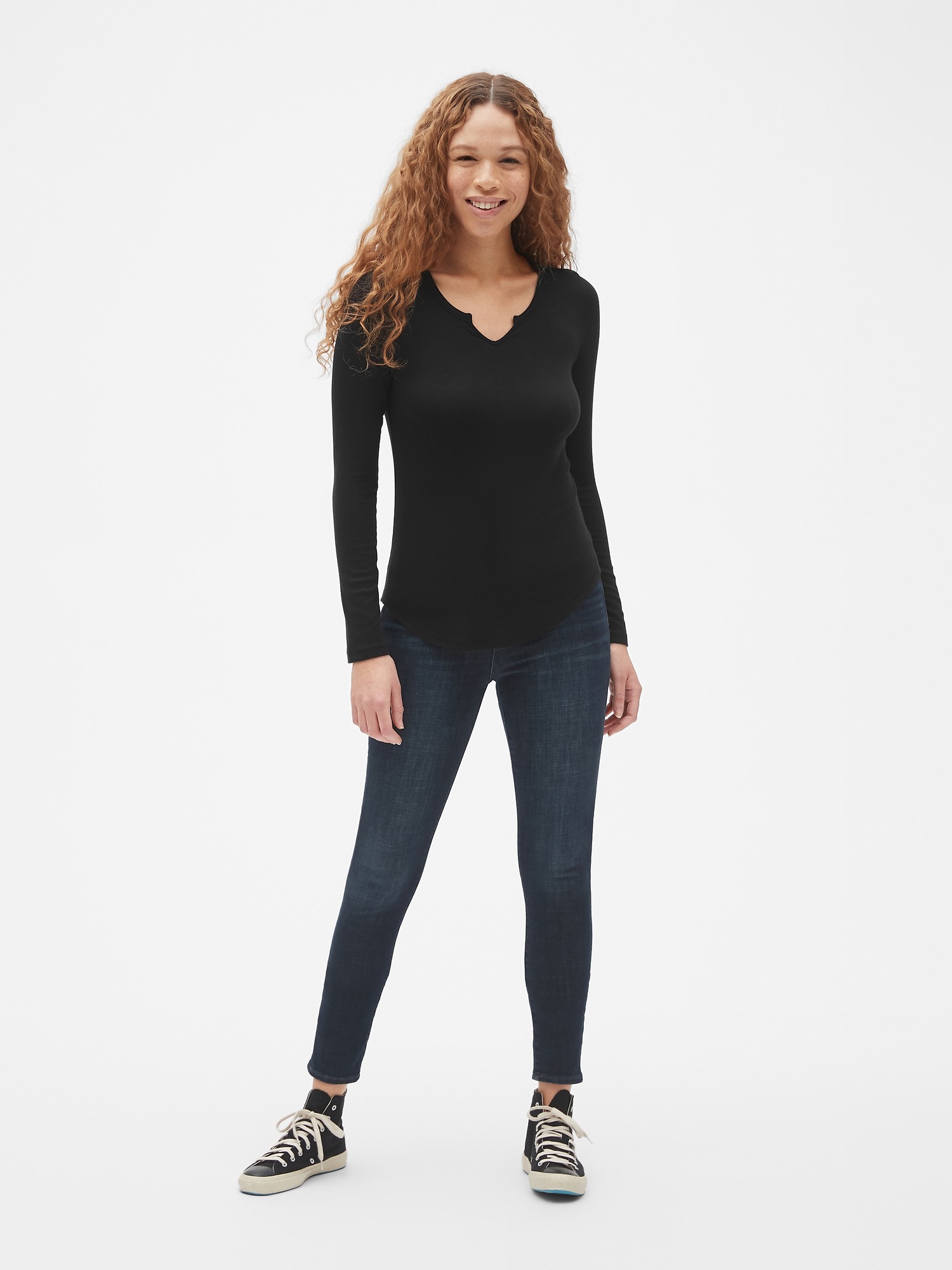 Ribbed Long Sleeve Notch-Neck T-Shirt | Gap