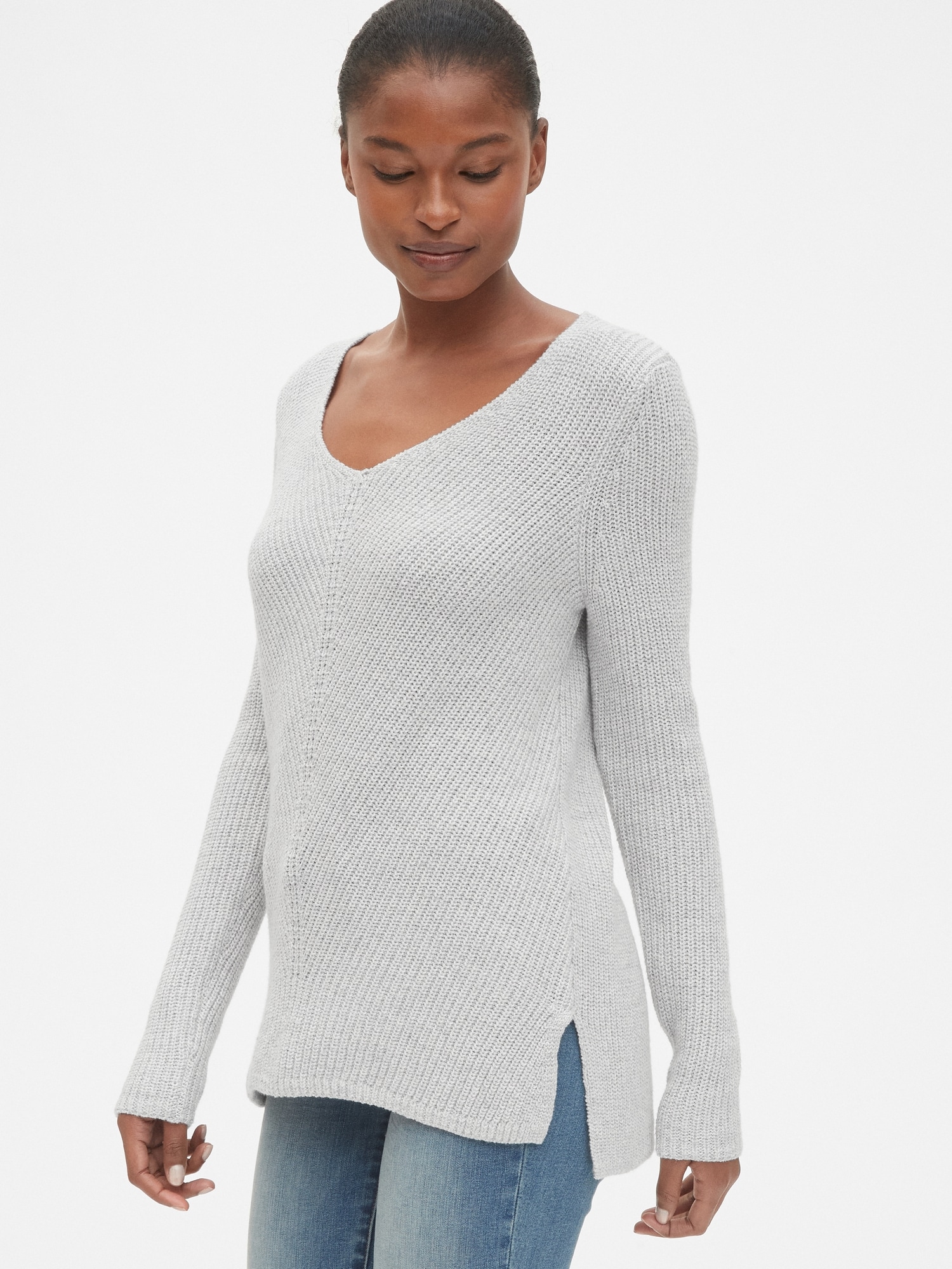 Diagonal Ribbed V-Neck Pullover Sweater Tunic | Gap