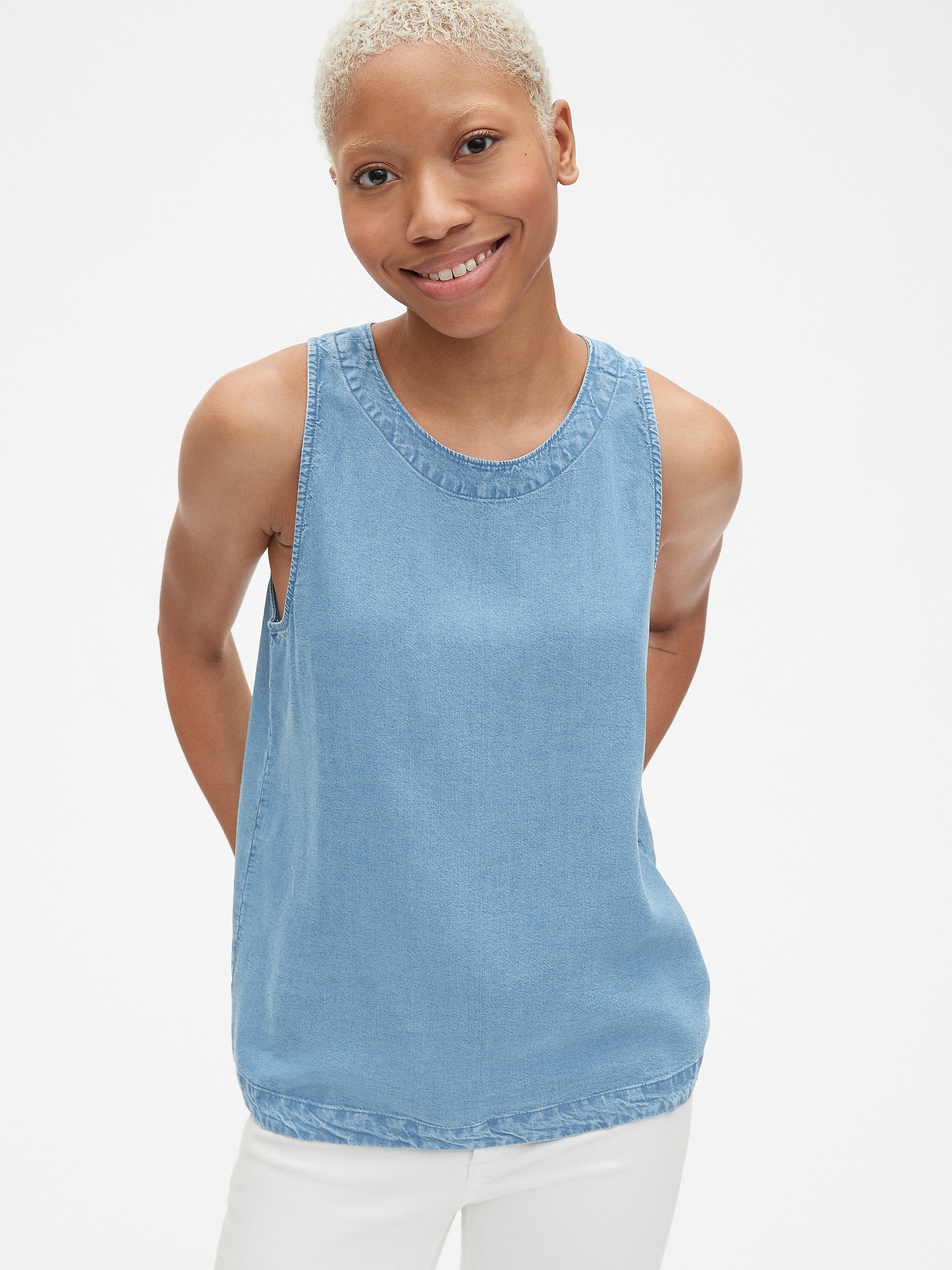Denim Sleeveless Split-Back Top | Gap