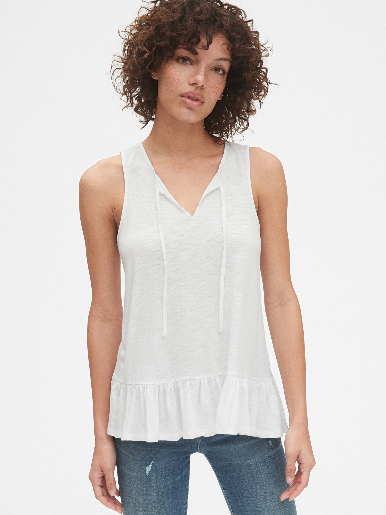 Soft Slub Peplum Split-Neck Tank Top | Gap