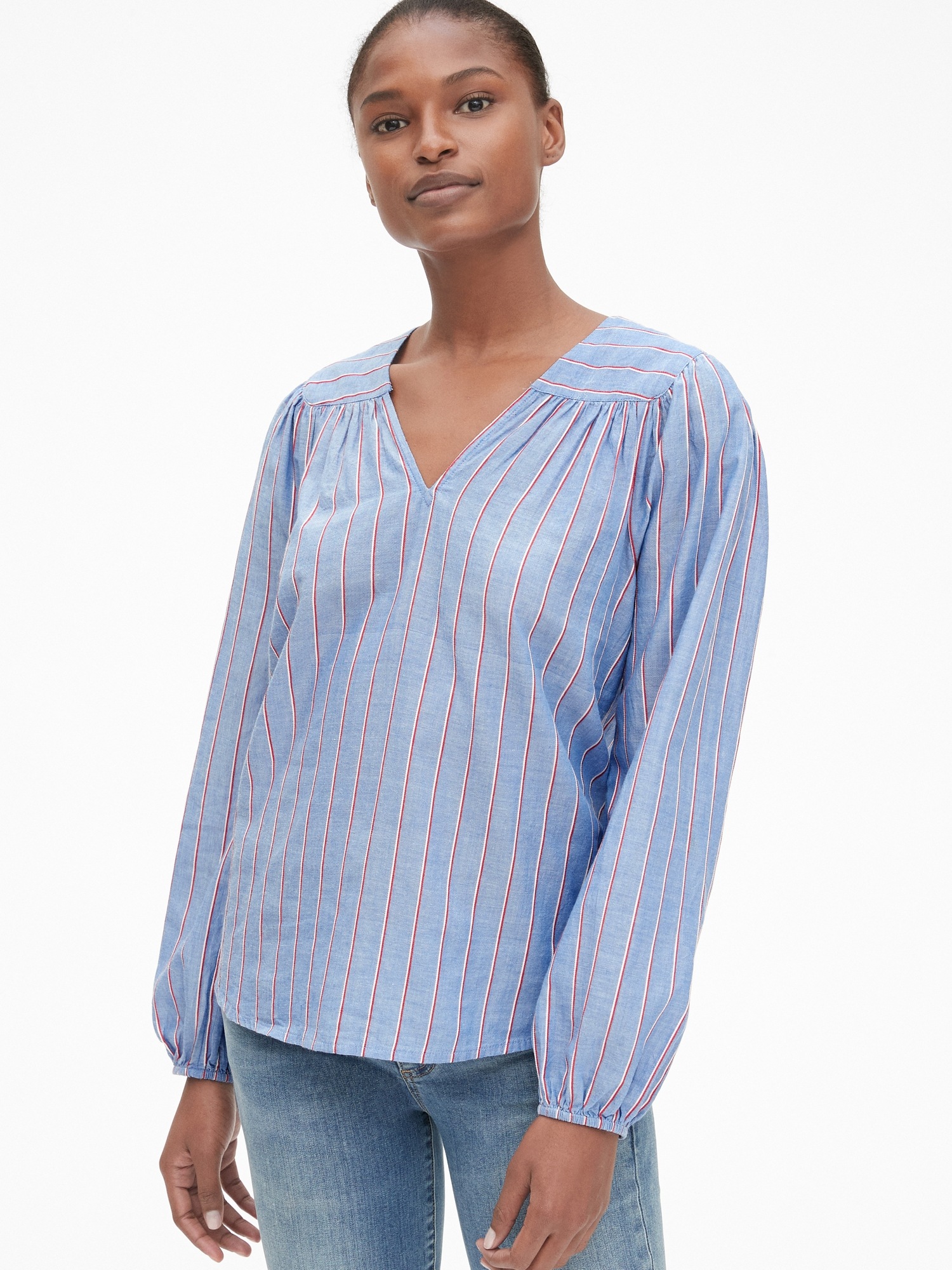 Long Sleeve Stripe Split-Neck Blouse | Gap