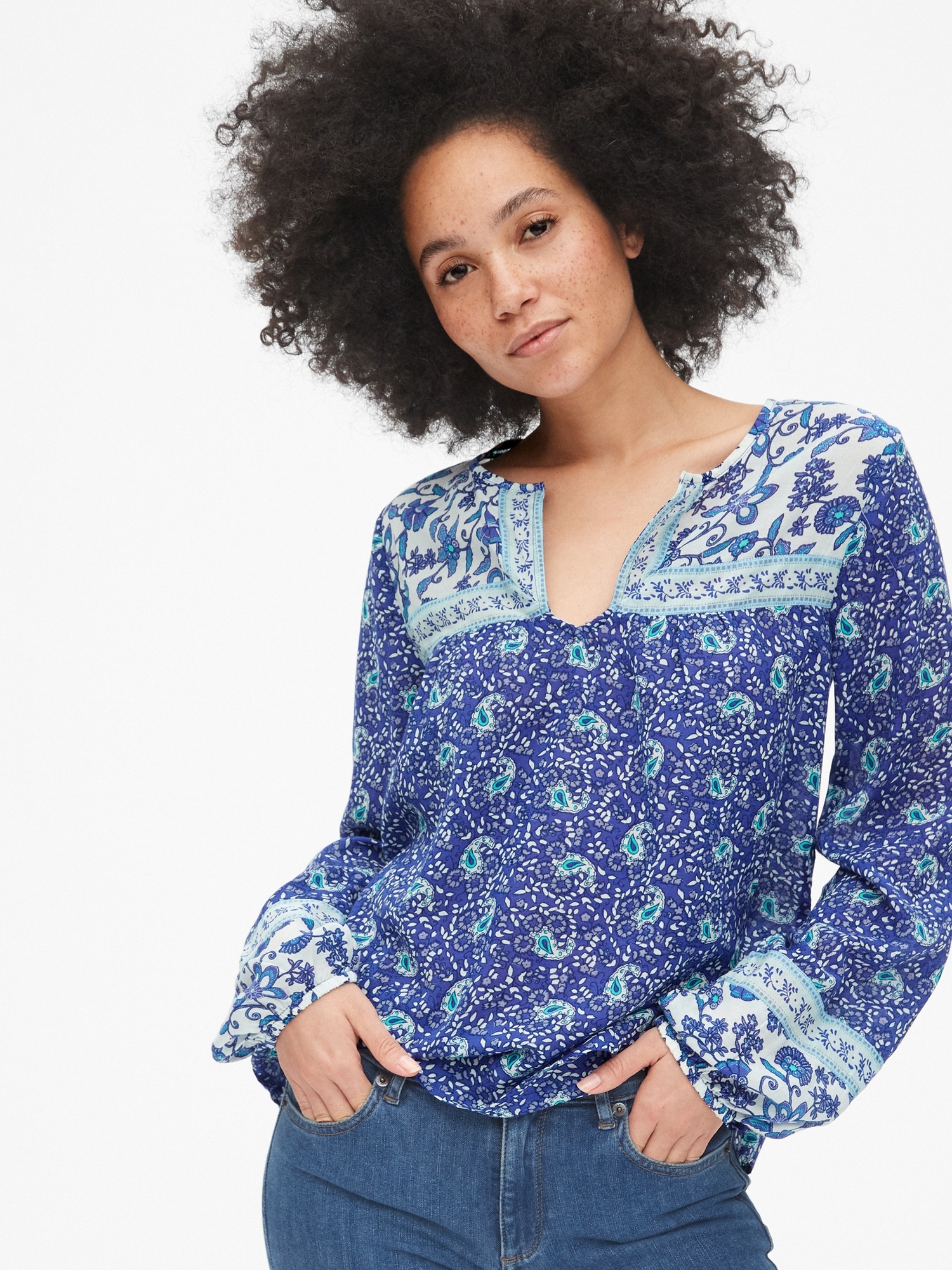 Mix-Print Split-Neck Blouse | Gap