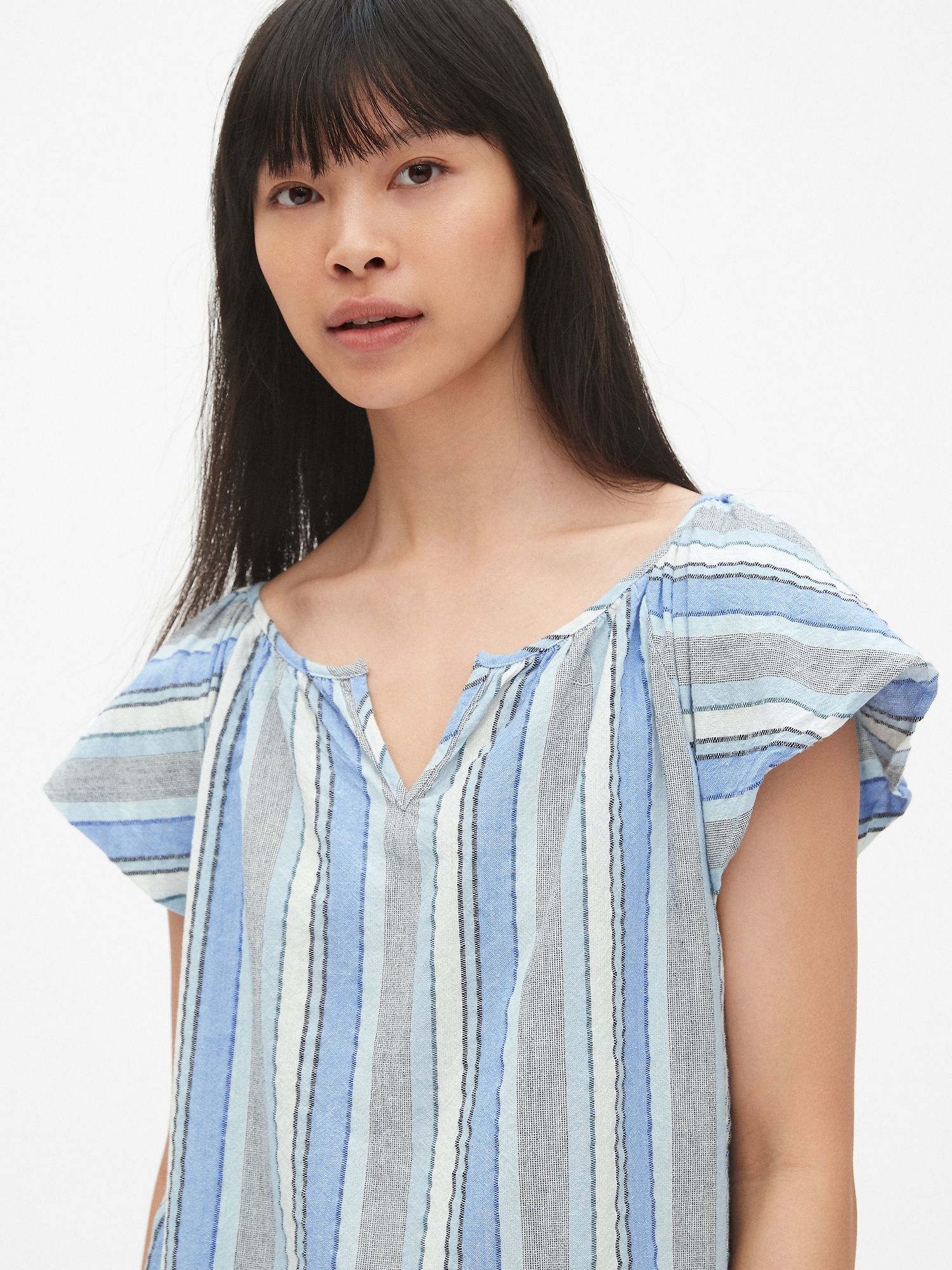 Dobby Stripe Flutter Sleeve Split-Neck Top | Gap