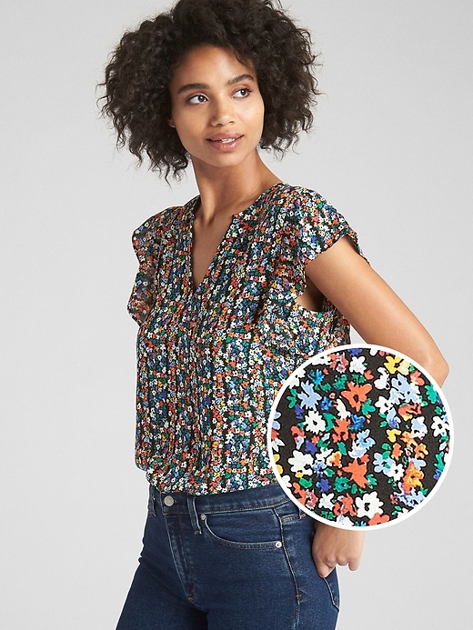 Ruffle Sleeve Print Split-Neck Top | Gap