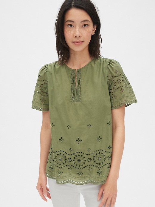 Eyelet Embroidered Split-Neck Top | Gap