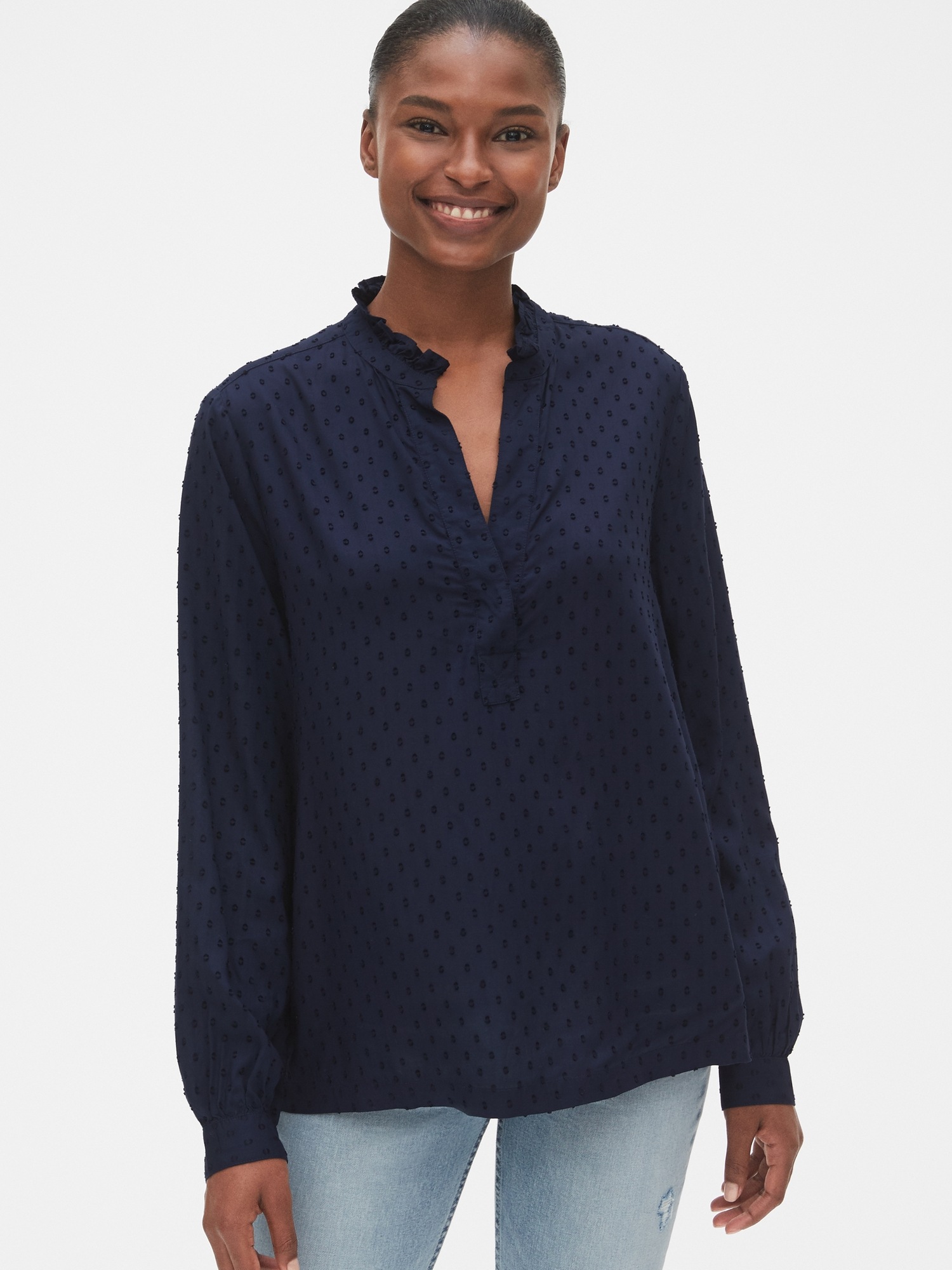 Ruffle-Trim Split-Neck Blouse in Clip-Dot | Gap