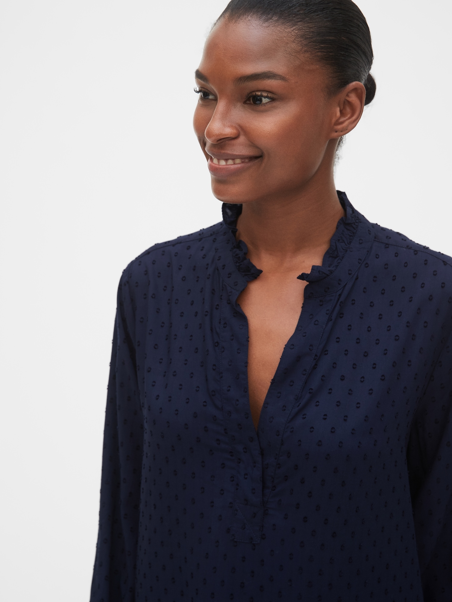 Ruffle-Trim Split-Neck Blouse in Clip-Dot | Gap