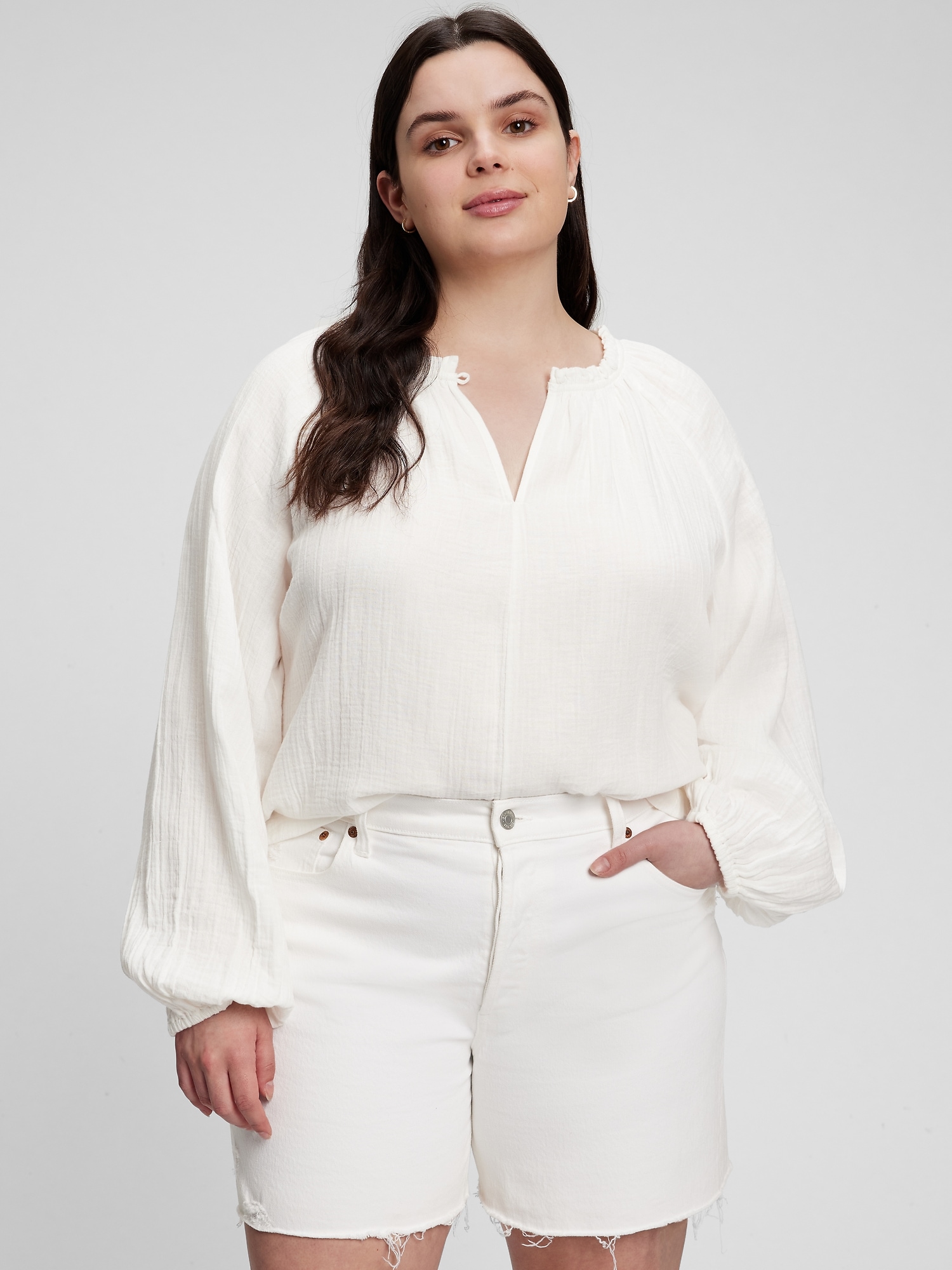 Crinkle Gauze Ruffle Neck Top | Gap