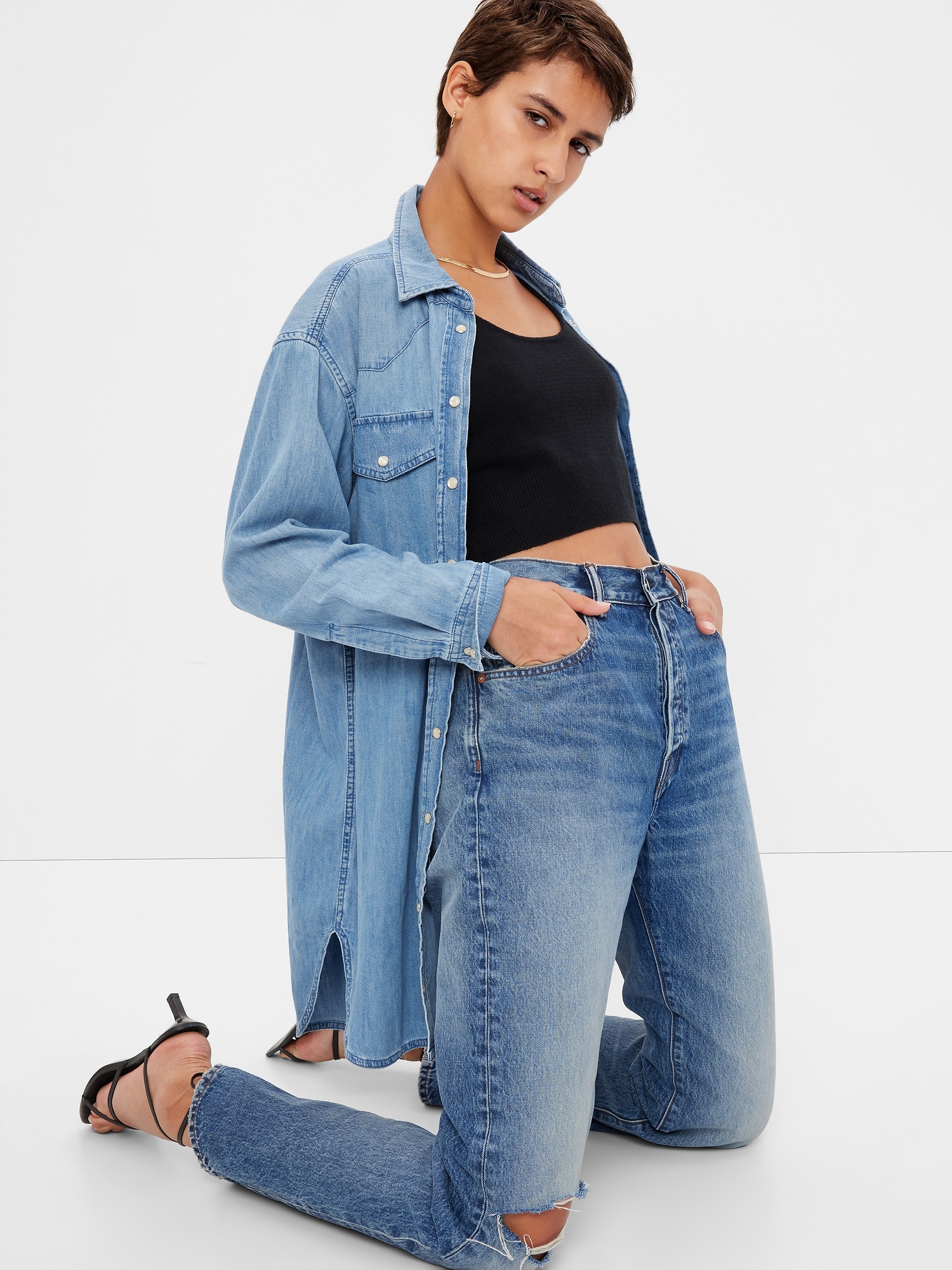 100% Organic Cotton Oversized Western Denim Tunic with Washwell | Gap