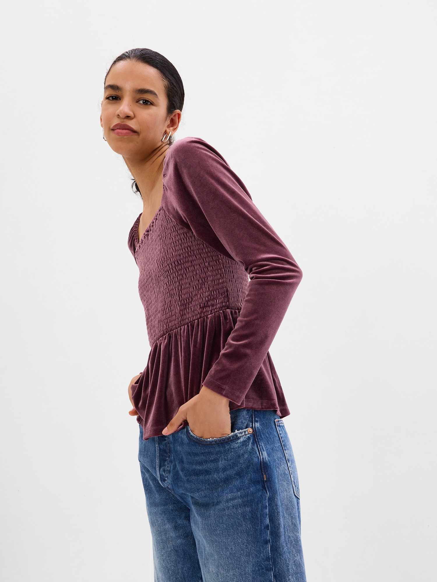 Puff Sleeve Smocked Peplum Velvet Top | Gap