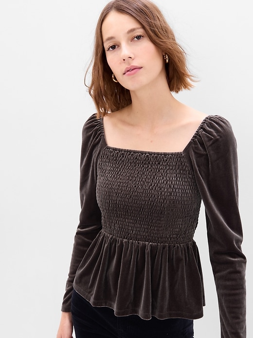 Puff Sleeve Smocked Peplum Velvet Top | Gap