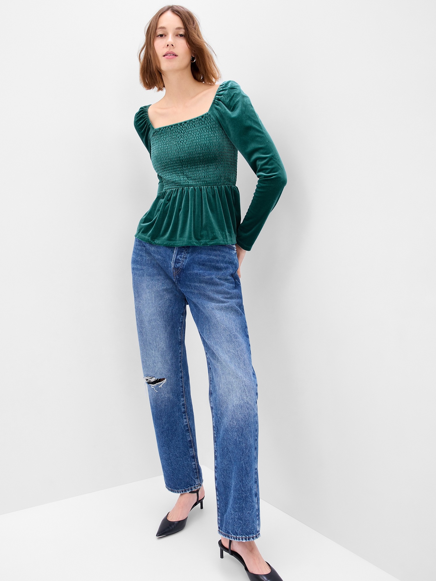 Puff Sleeve Smocked Peplum Velvet Top | Gap