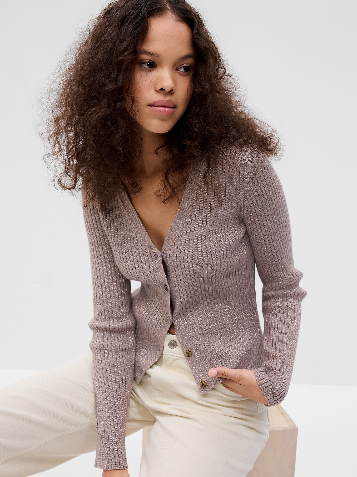 Metallic Rib V-Neck Cardigan | Gap