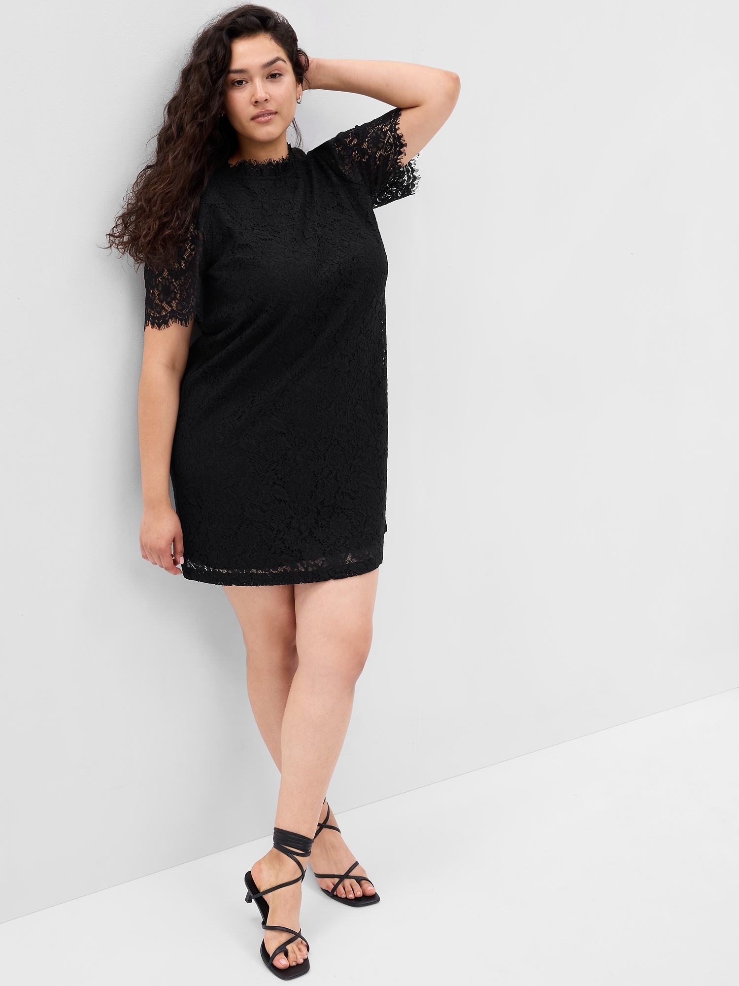 Puff Sleeve Ruffle Neck Lace Mini Dress | Gap