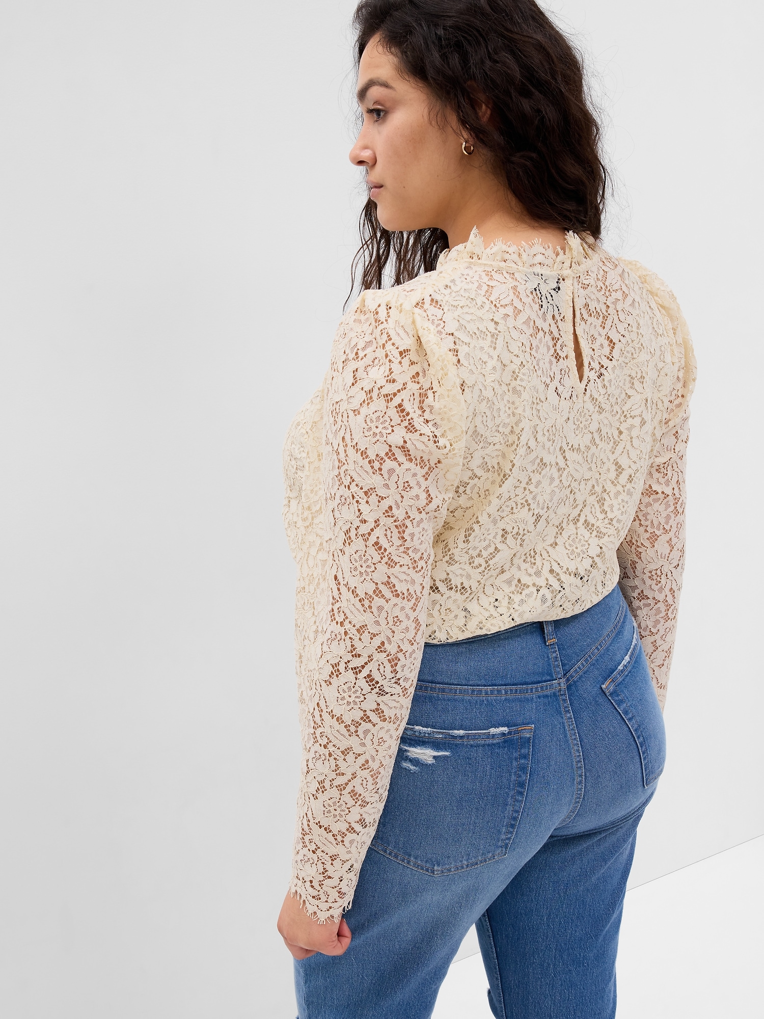 Puff Sleeve Ruffle Neck Lace Top | Gap