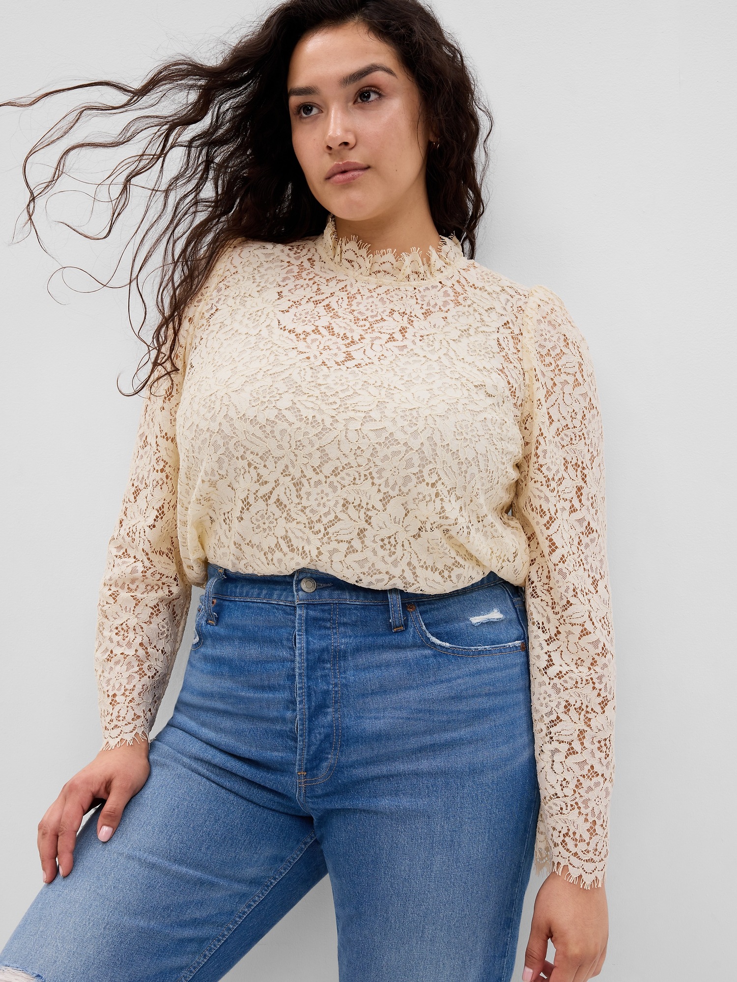 Puff Sleeve Ruffle Neck Lace Top | Gap