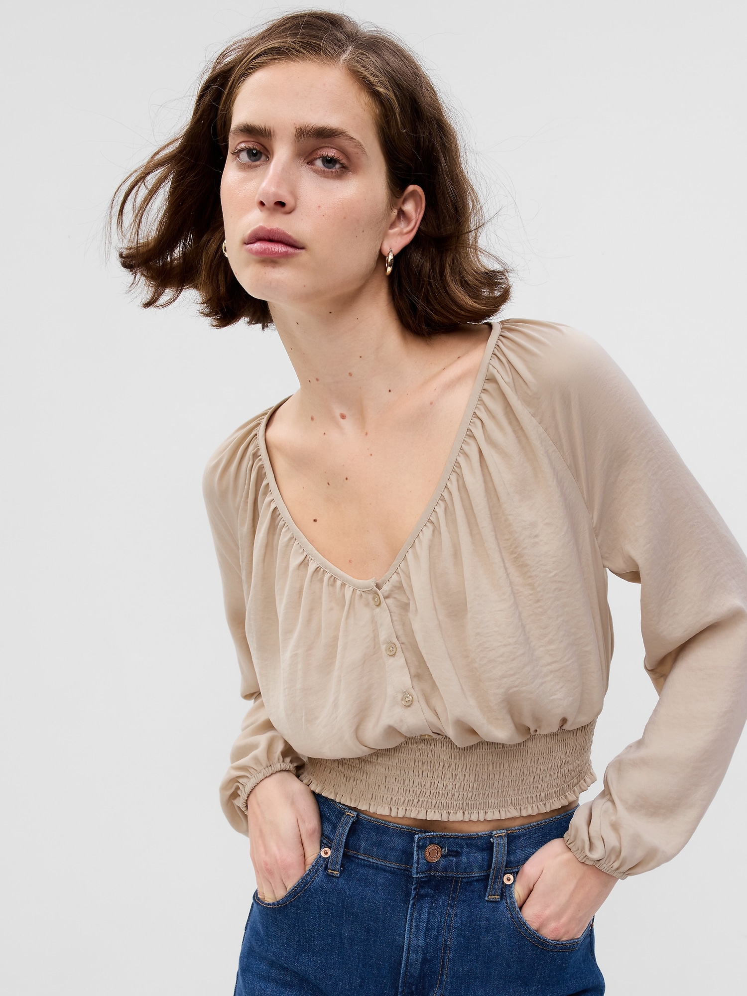 Button-Front Smocked Hem Top | Gap