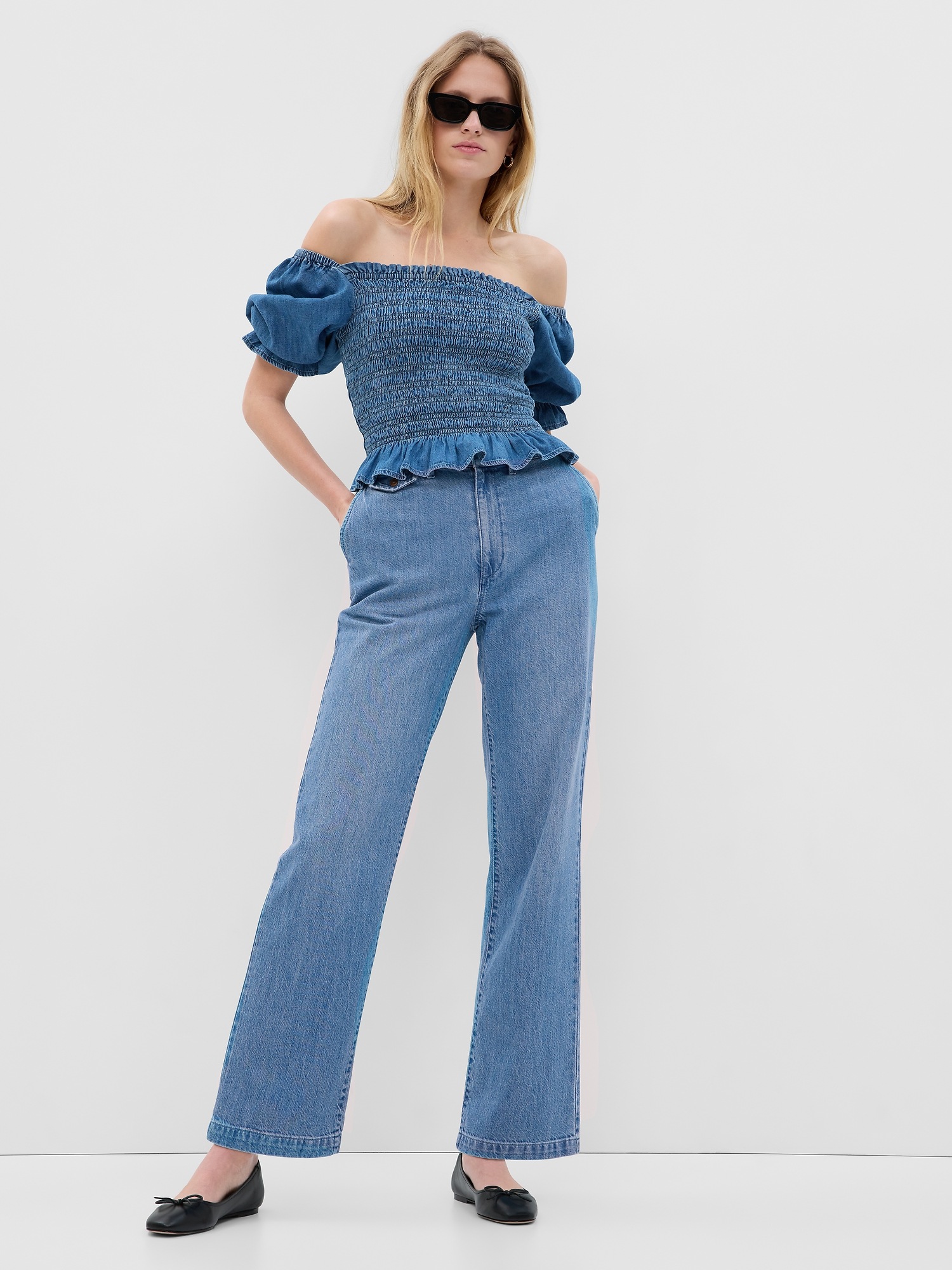 High Rise Denim Wide-Leg Trousers with Washwell | Gap