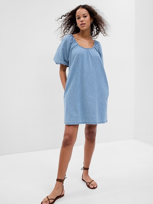 100% Organic Cotton Denim Puff Sleeve Mini Dress with Washwell | Gap