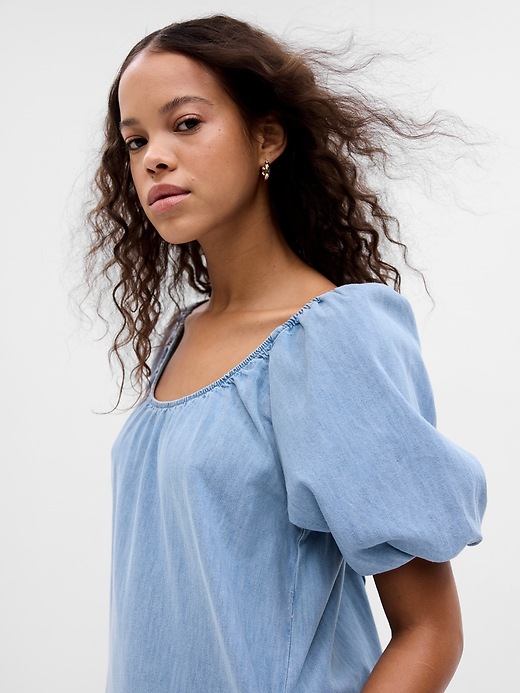 100% Organic Cotton Denim Puff Sleeve Mini Dress with Washwell | Gap