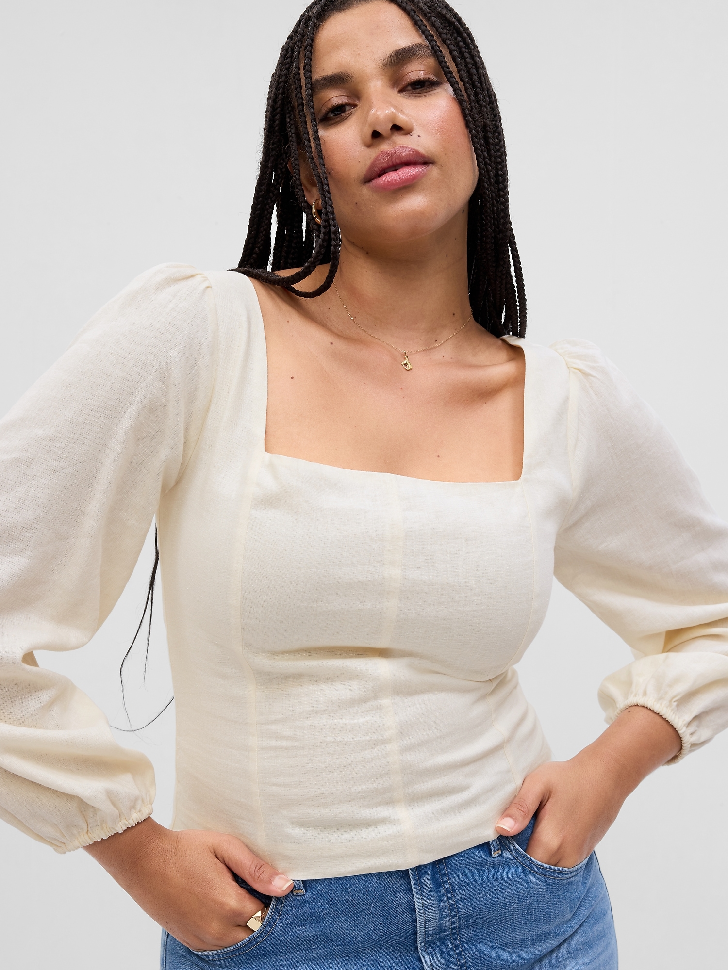Linen-Blend Puff Sleeve Top | Gap