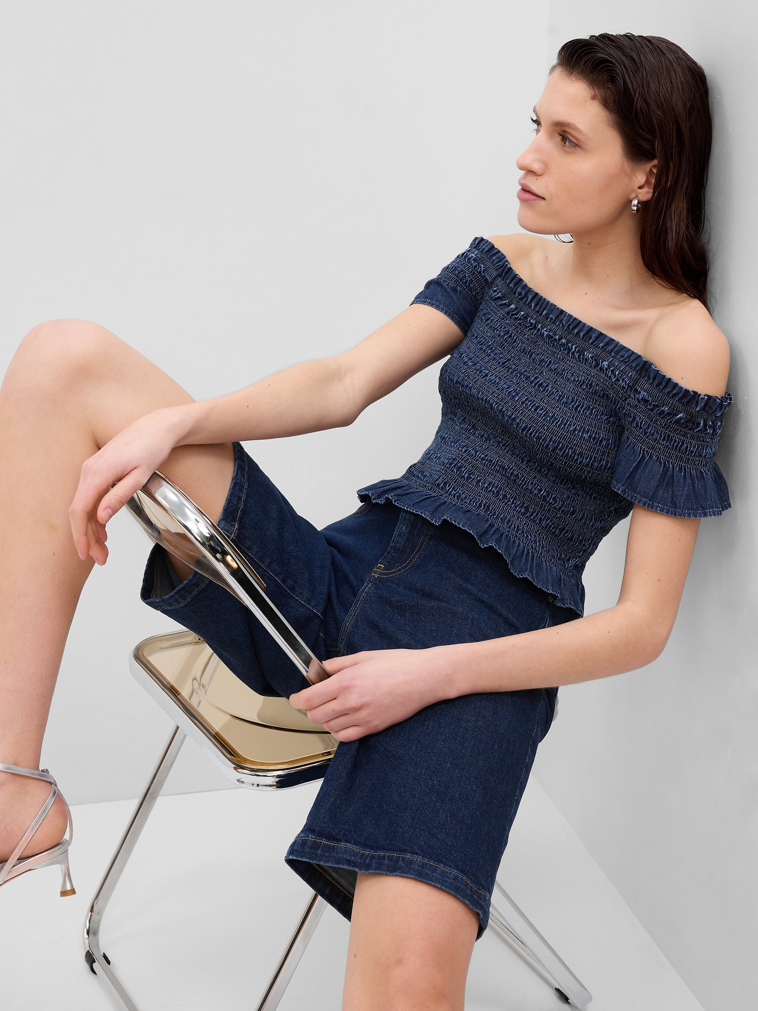 Cropped Ruffle Sleeve Denim Smocked Peplum Top with Washwell | Gap