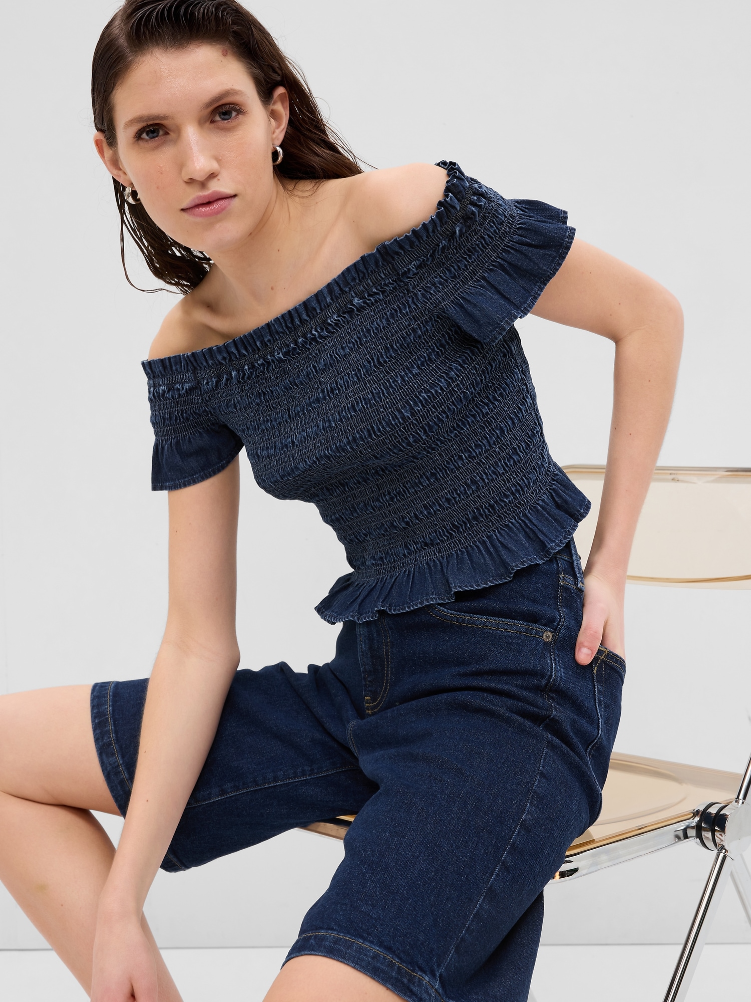 Cropped Ruffle Sleeve Denim Smocked Peplum Top With Washwell Gap