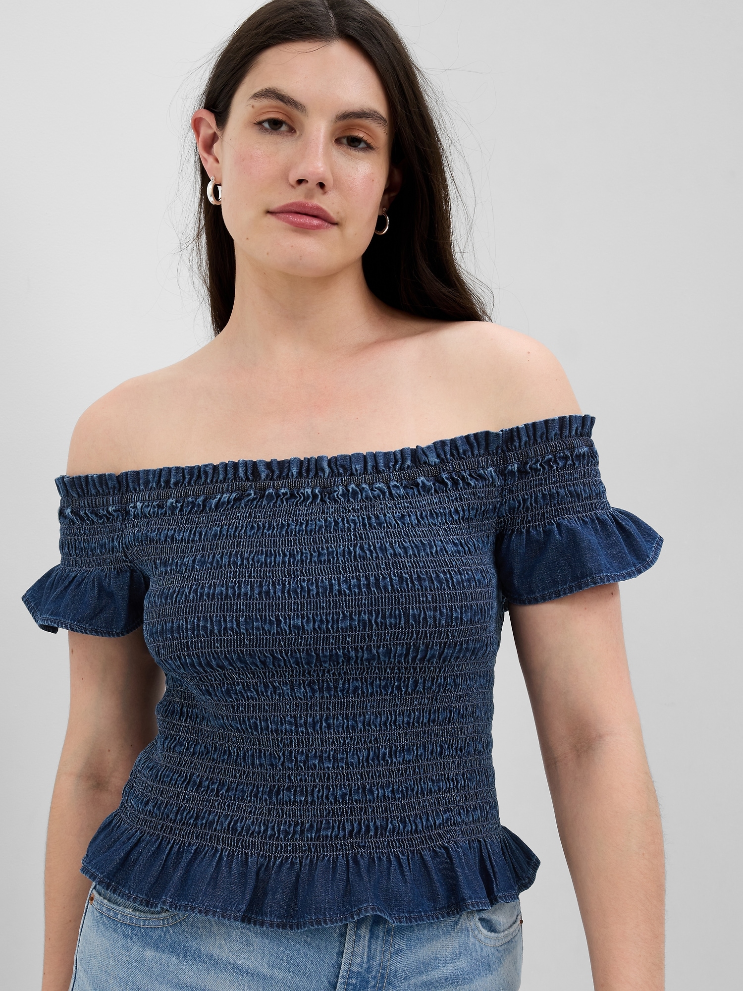 Cropped Ruffle Sleeve Denim Smocked Peplum Top with Washwell | Gap
