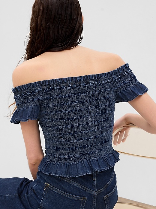 Cropped Ruffle Sleeve Denim Smocked Peplum Top with Washwell | Gap