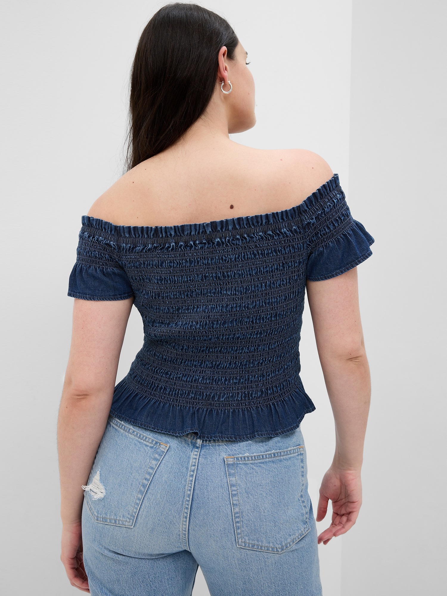 Cropped Ruffle Sleeve Denim Smocked Peplum Top with Washwell | Gap